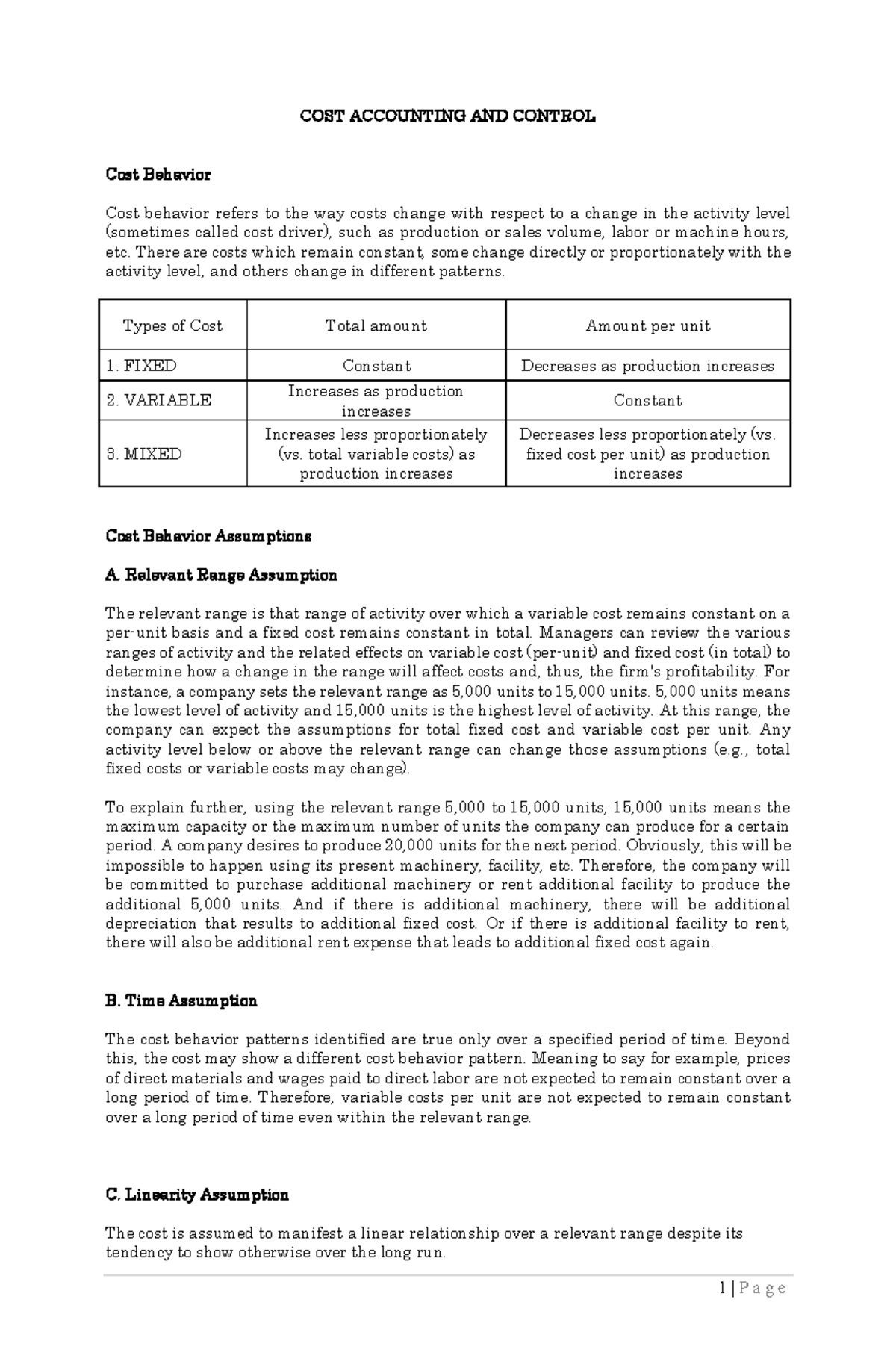Handouts Module 1 1 - COST ACCOUNTING AND CONTROL Cost Behavior Cost ...