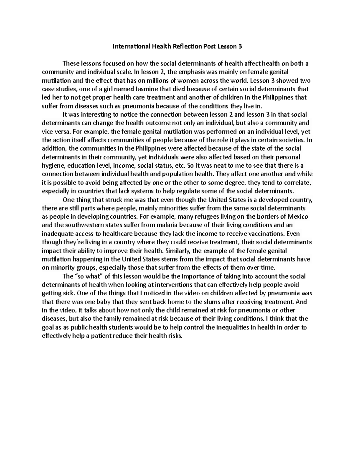 International Health Reflection Post Lesson 3 - In lesson 2, the ...