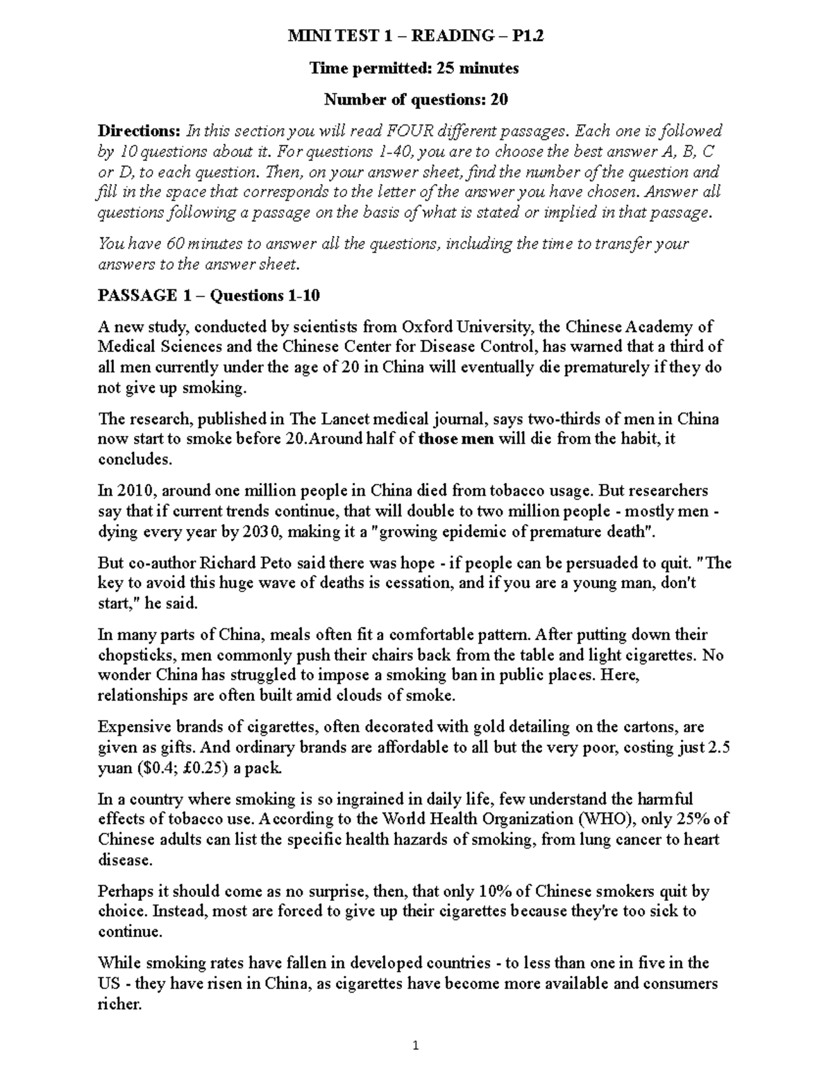 MINI TEST 1 – Reading – P1 - MINI TEST 1 – READING – P1. Time permitted ...