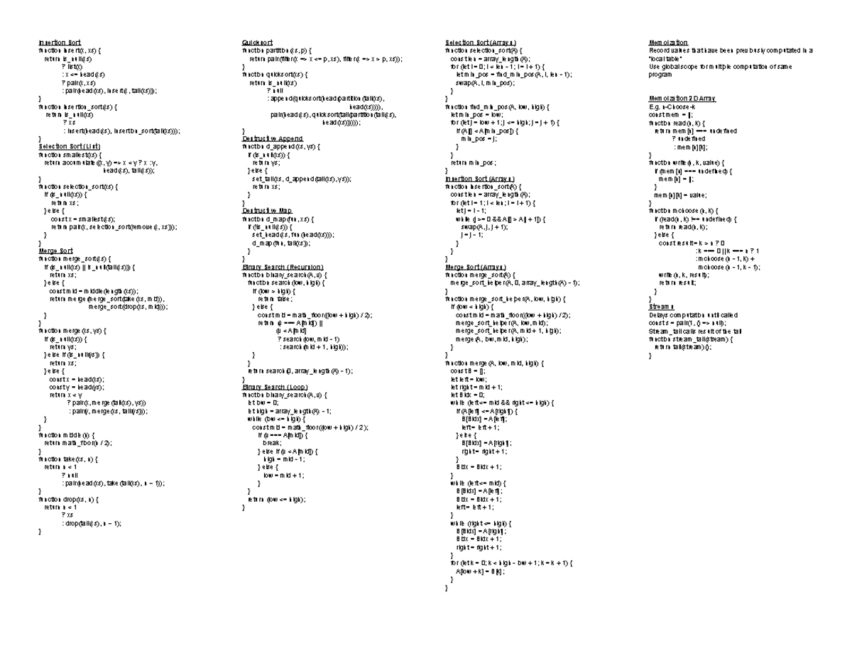 CS1101S - Midterms cheatsheet - Insertion Sort function insert(x, xs) { return is_null(xs ...