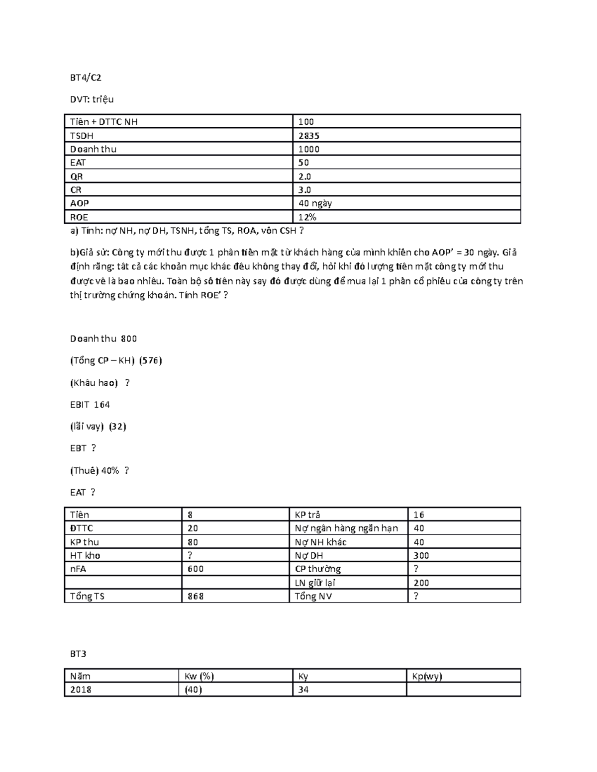 Bài tập quản trị tài chính - BT4/C DVT: tri uệ Tiềền + DTTC NH 100 TSDH ...