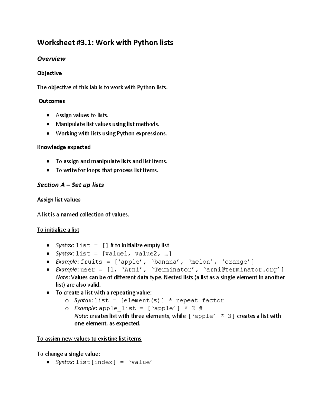Py Lab S 21-Ws3 - List - Worksheet #3: Work with Python lists Overview Objective The objective ...