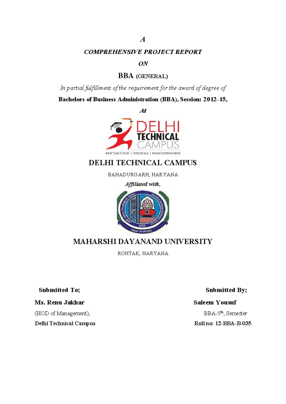 Comprehensive file Front page - A COMPREHENSIVE PROJECT REPORT ON BBA ...