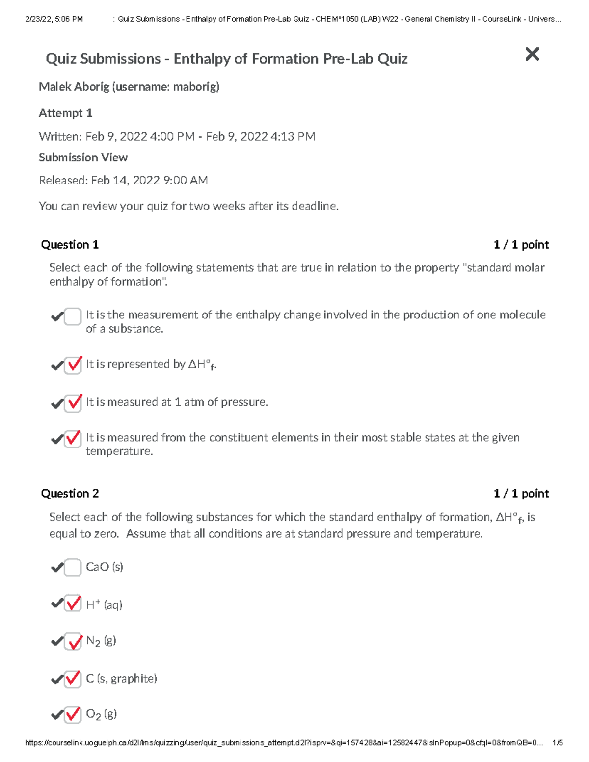 (2) Enthalpy of Formation Pre-Lab Quiz - Quiz Submissions - Enthalpy of ...