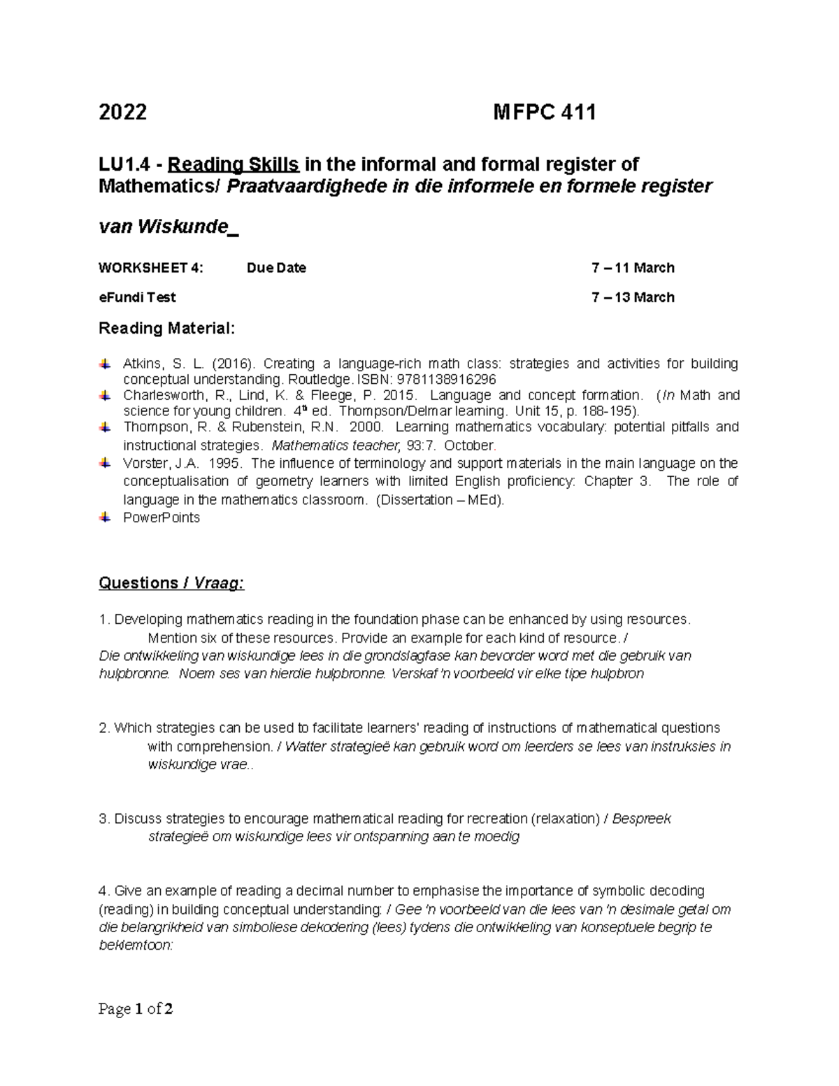 2022 - MFPC 411 – 1.4 Reading Worksheet - 2022 MFPC 411 LU1 - Reading Skills in the informal and ...
