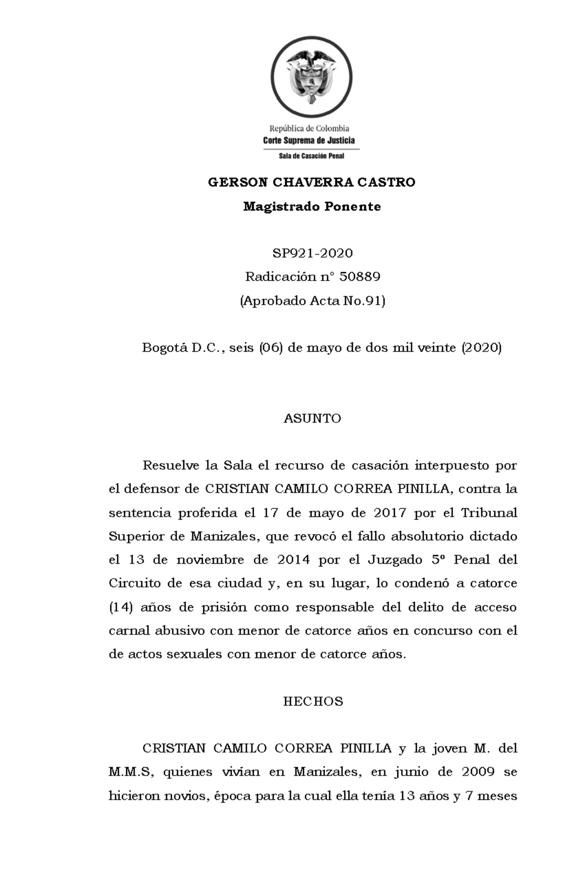 SP921-2020(50889) - sentencia detallada - GERSON CHAVERRA CASTRO ...