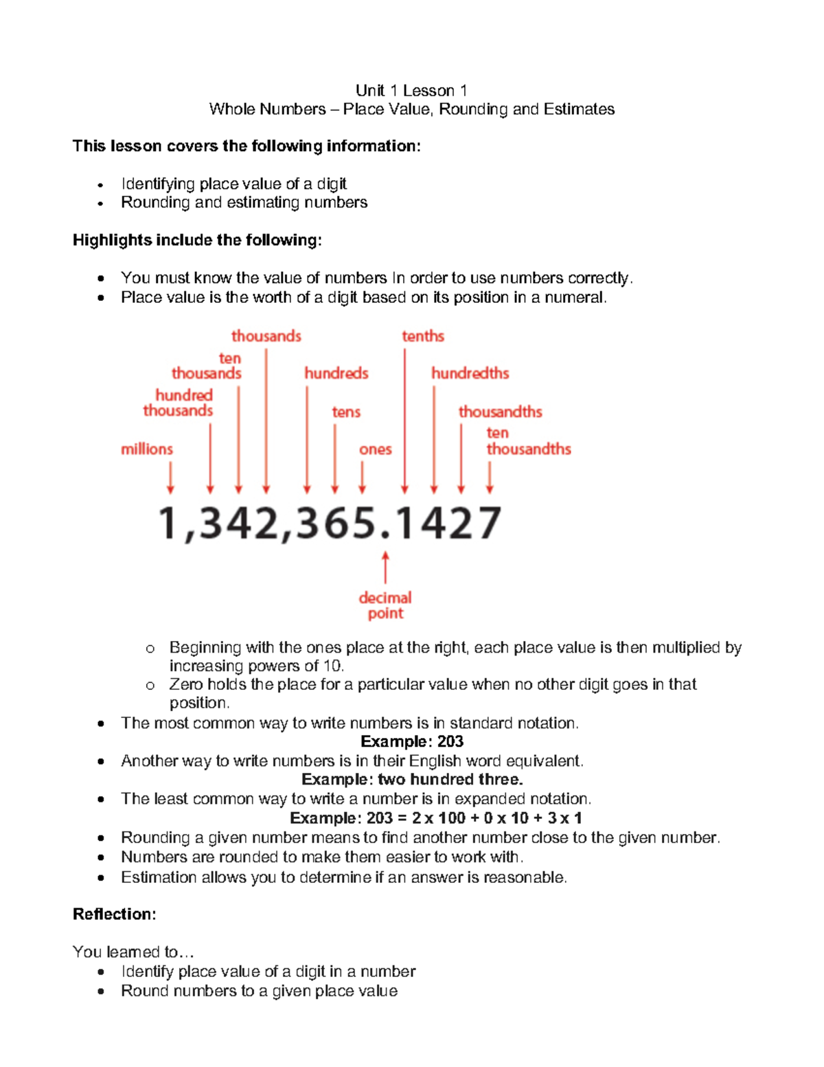 Basic Math U 1Study Guide - Unit 1 Lesson 1 Whole Numbers – Place Value ...