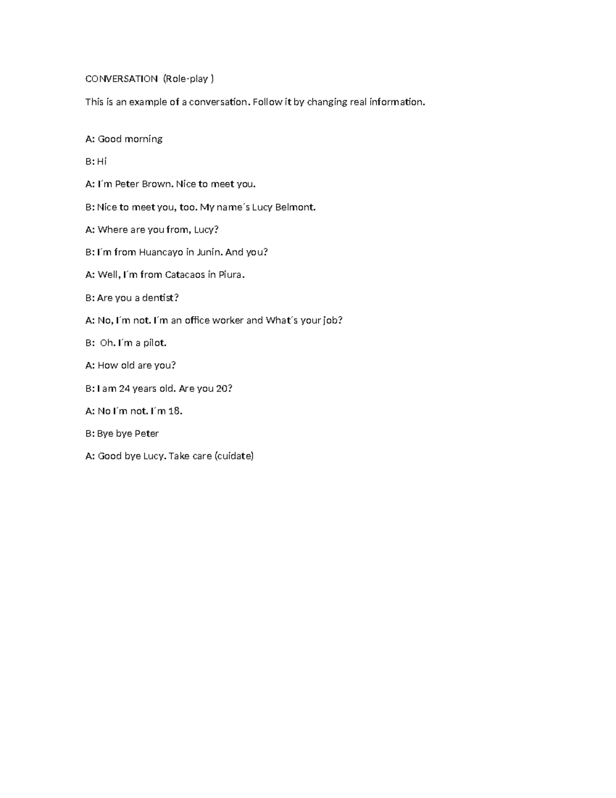 Conversation FOR Filming ( Example) - CONVERSATION (Role-play ) This is ...