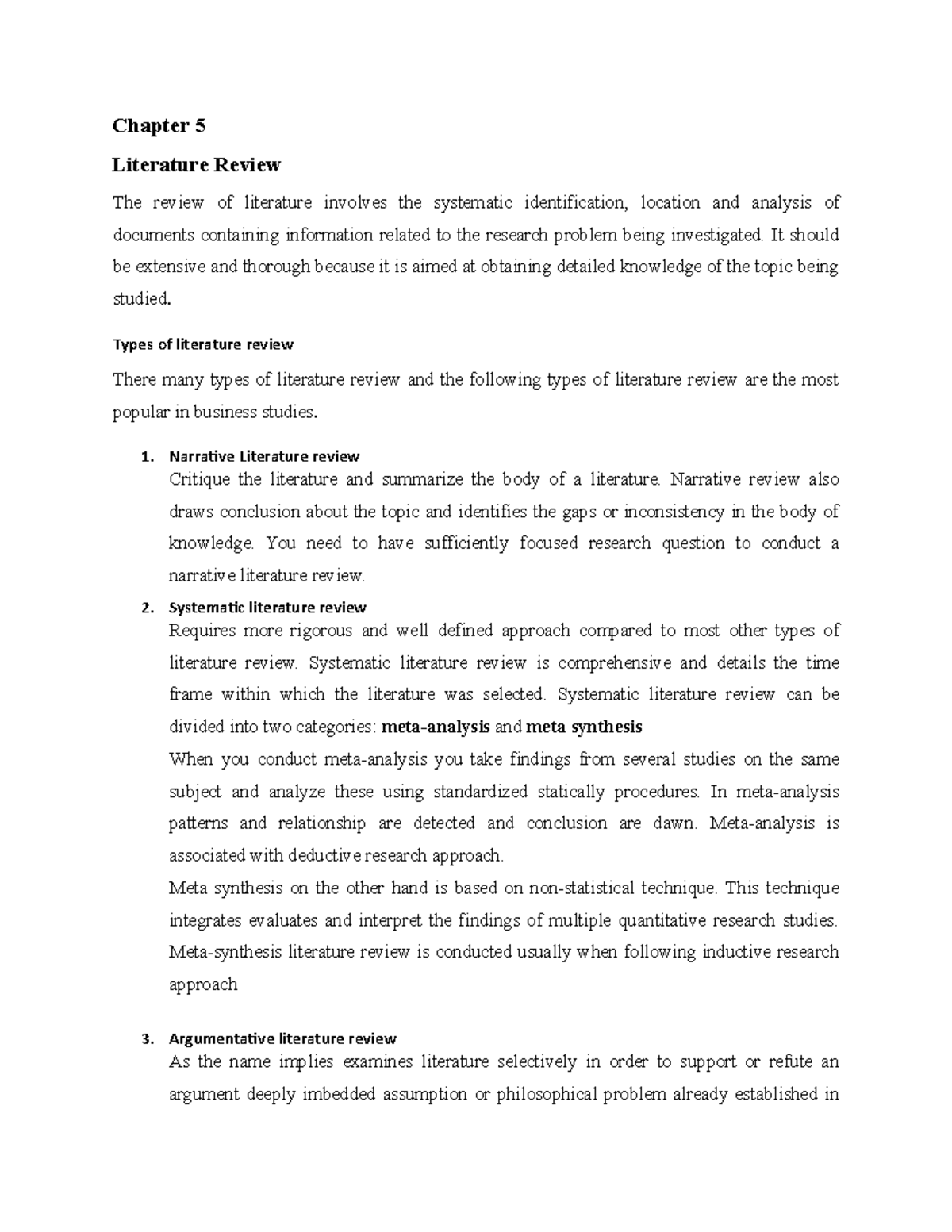 Research Chapter 5 notes - Chapter 5 Literature Review The review of ...