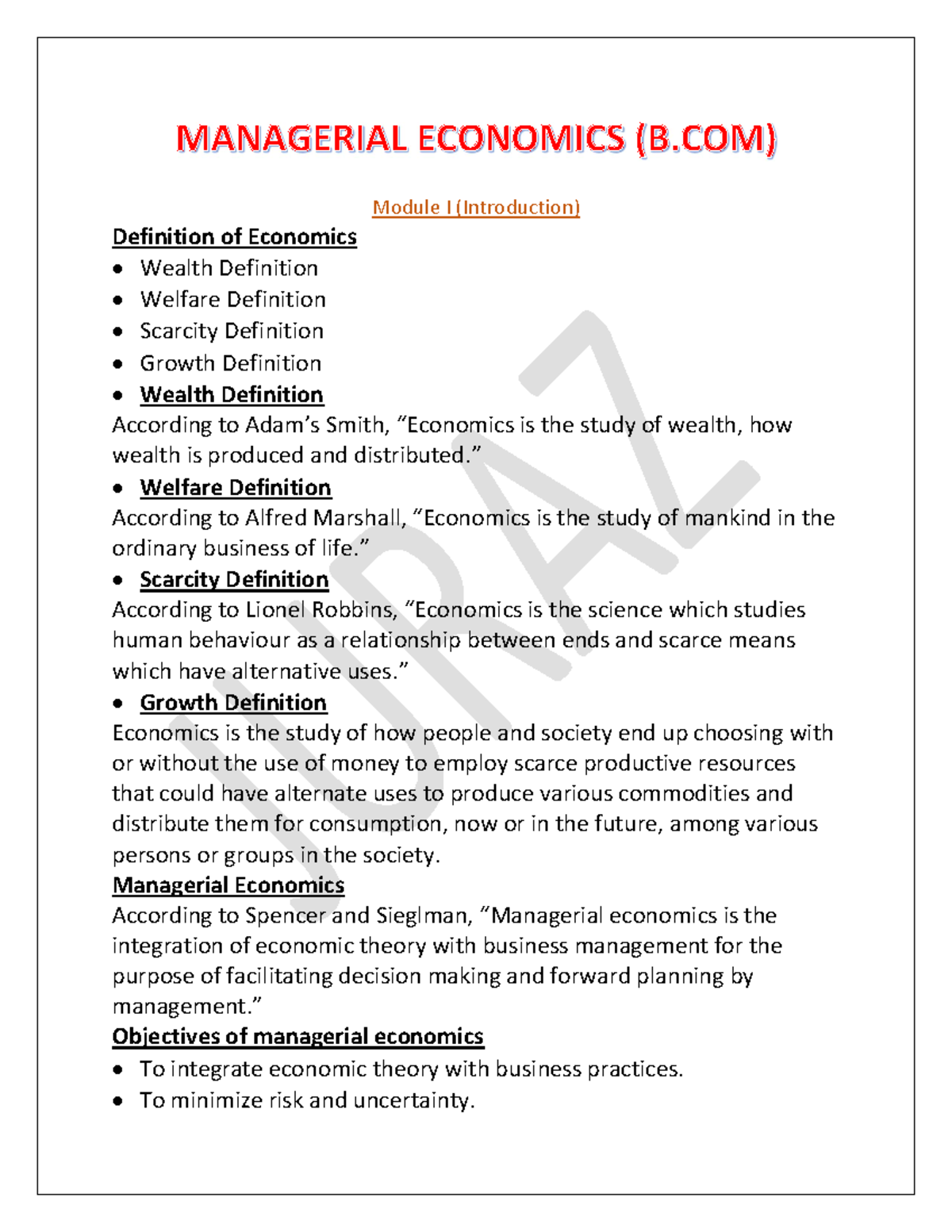 Managerial eco - Module I (Introduction) Definition of Economics Wealth ...
