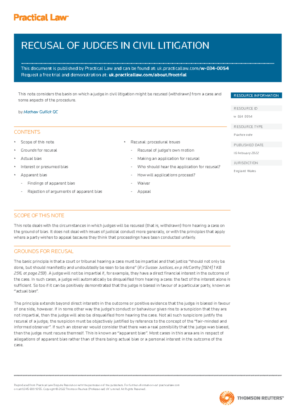 Recusal of judges 1 w 034 0054 - Reproduced from Practical Law Dispute ...