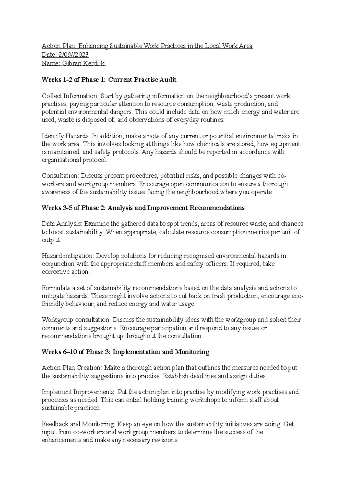 Action Plan - assignment - Action Plan: Enhancing Sustainable Work ...