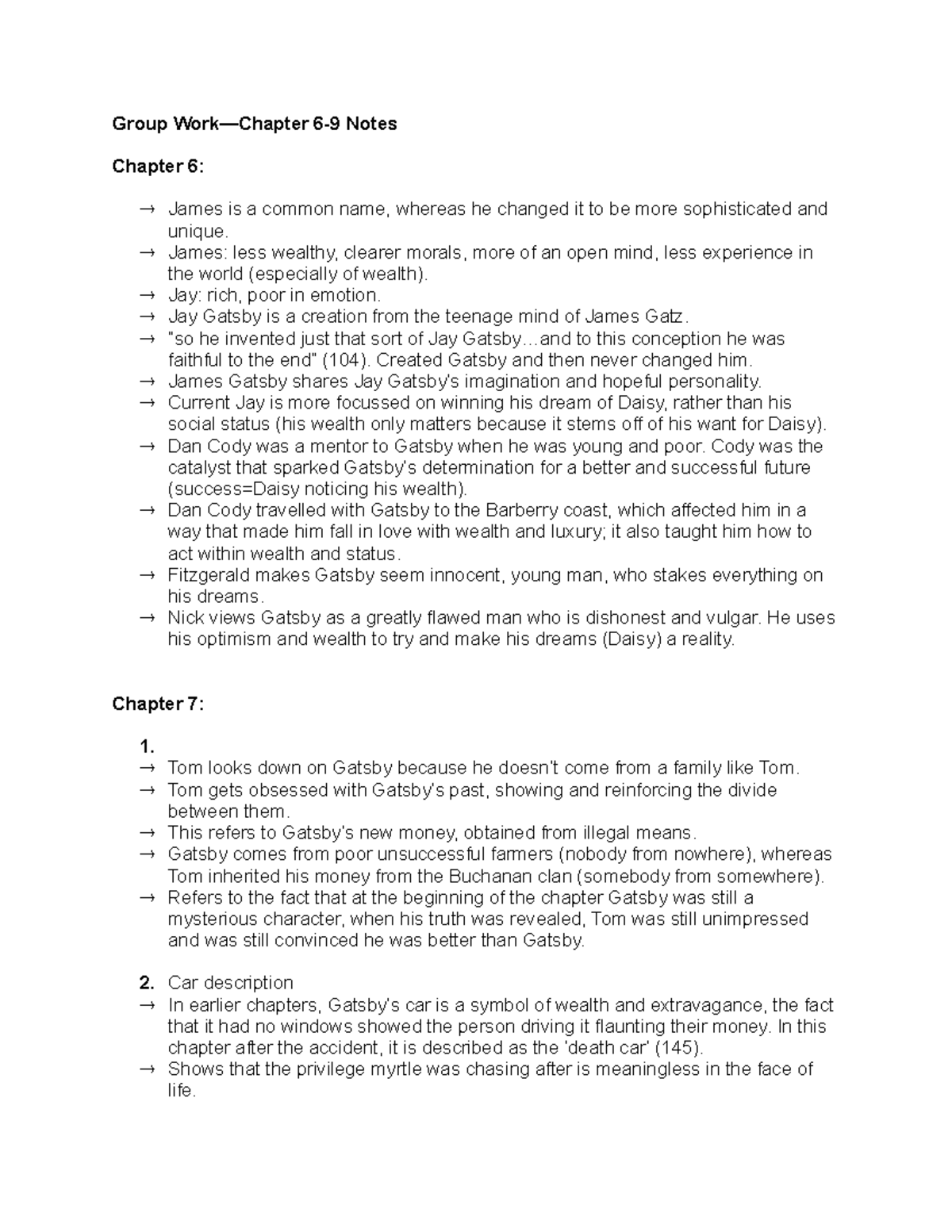 CH 6-9 notes - the great gatsby - Group Work—Chapter 6-9 Notes Chapter ...