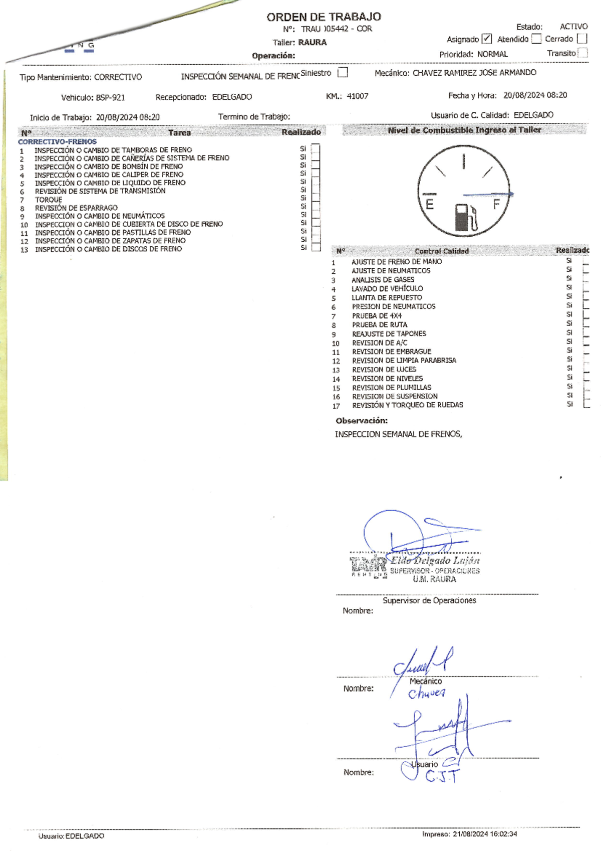 BSP-921 Co20 Mantenimiento Preventivo - ORDEN DE TRABAJO N°: TRAU ...