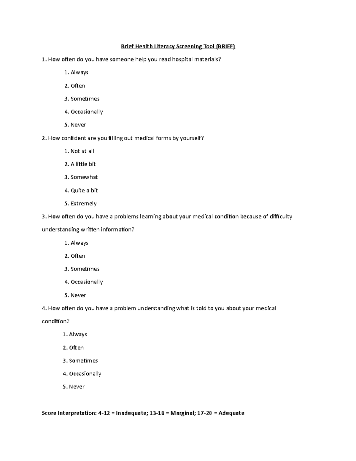 Brief Health Literacy Screening TOOL Brief with results - Brief Health ...