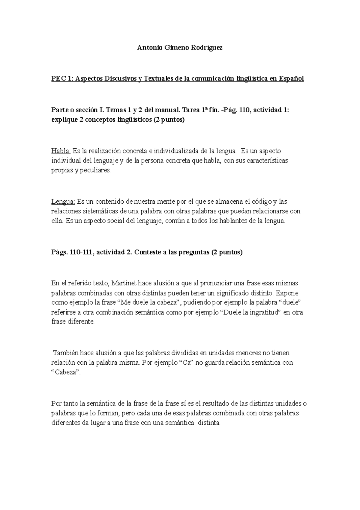 PEC 1 Aspectos discusivos y textuales Comunicación Lingüística Español ...