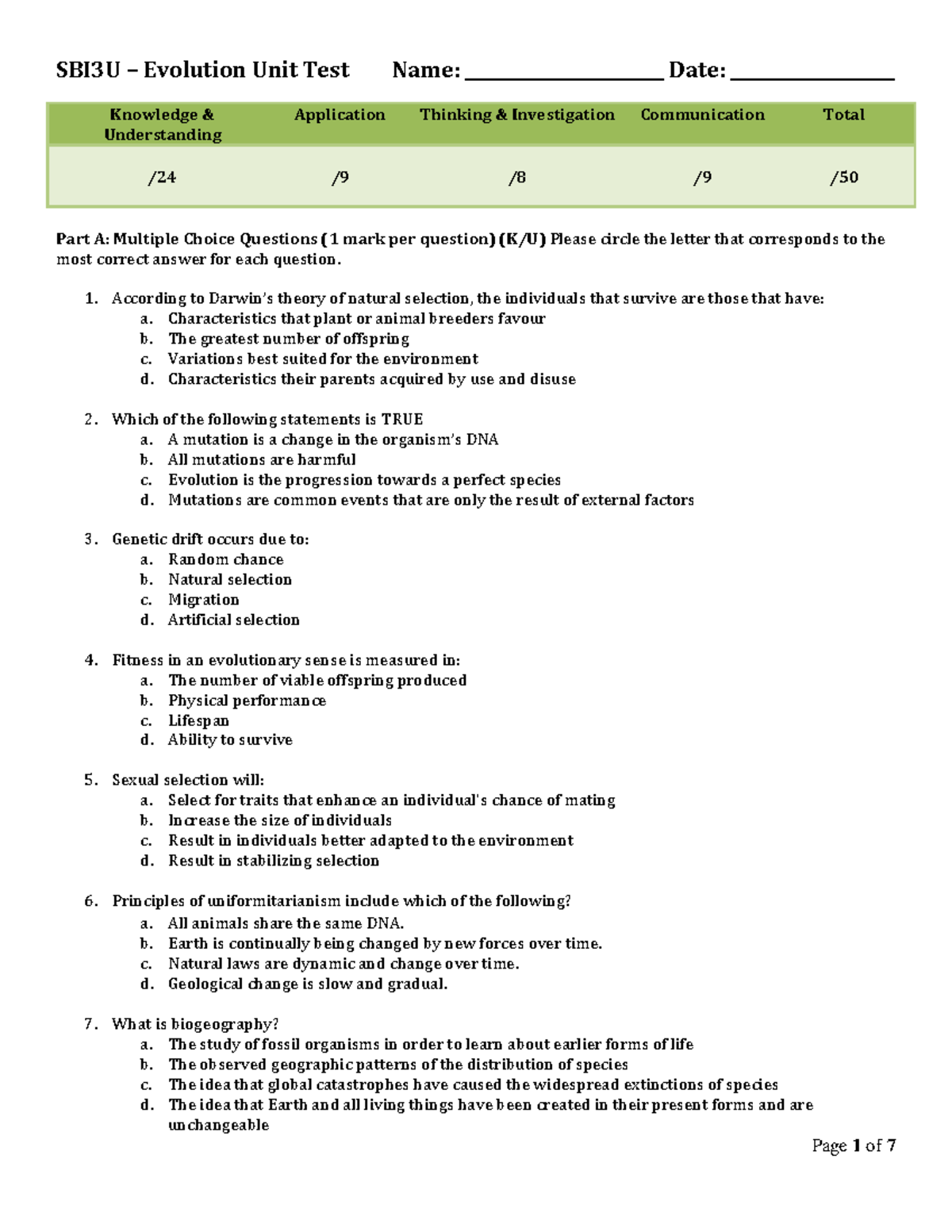 [SBI3U]Evolution Practice Test - Knowledge & Understanding Application ...