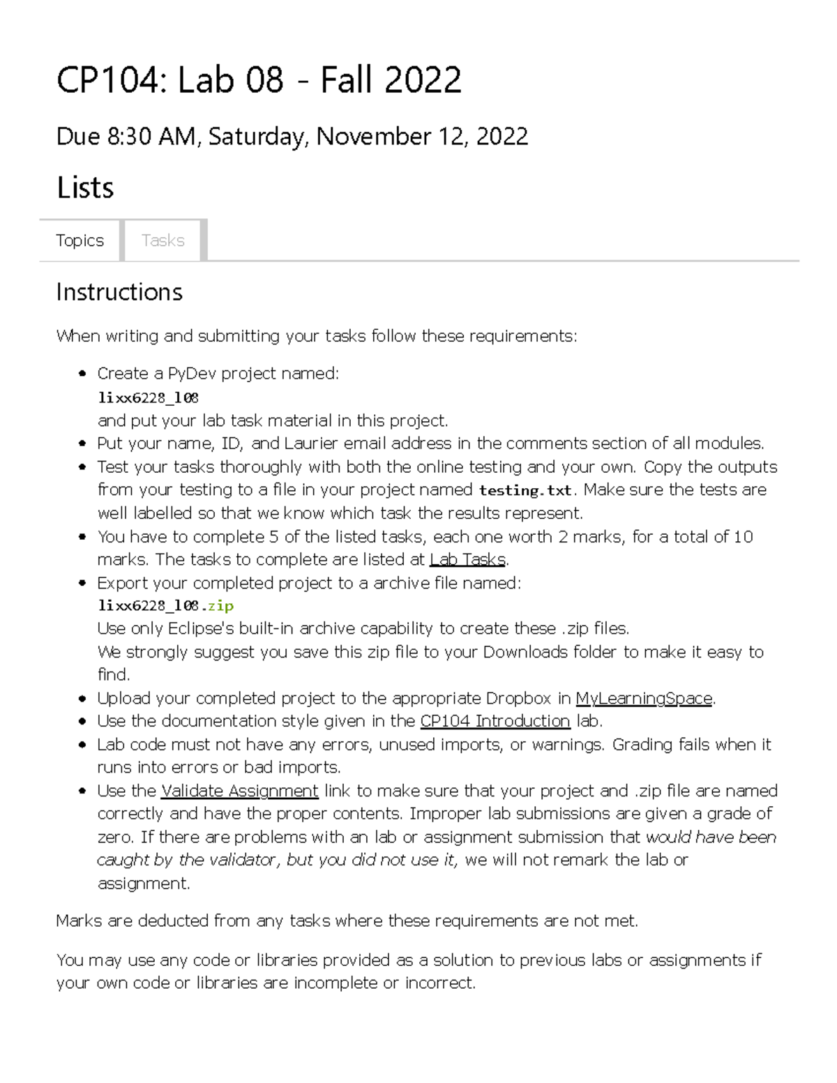 CP104 Lab 08 Fall 2022 - Topics Tasks CP104: Lab 08 - Fall 2022 Due 8:30 AM, Saturday, November ...