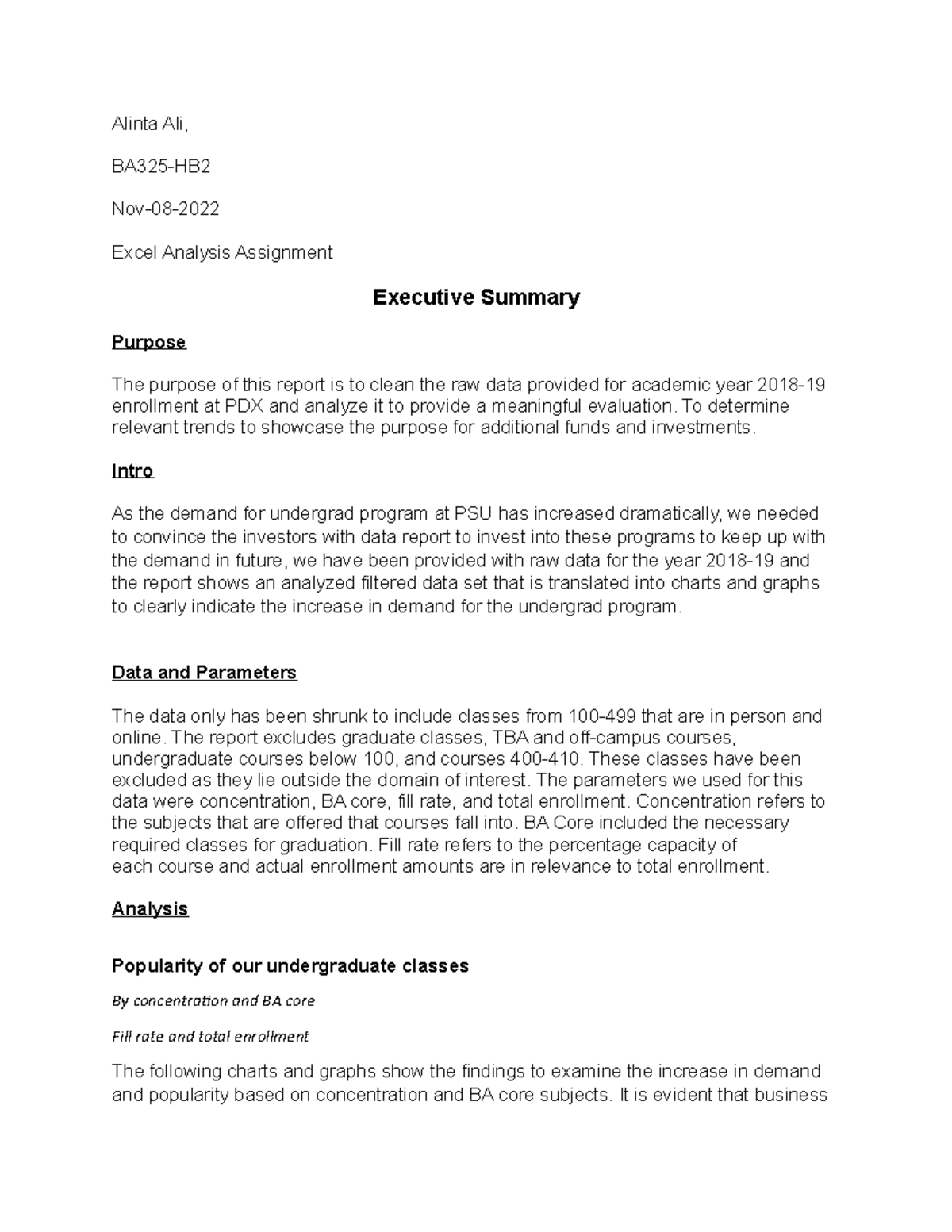 Excel ananlysis - exams - Alinta Ali, BA325-HB Nov-08- Excel Analysis ...