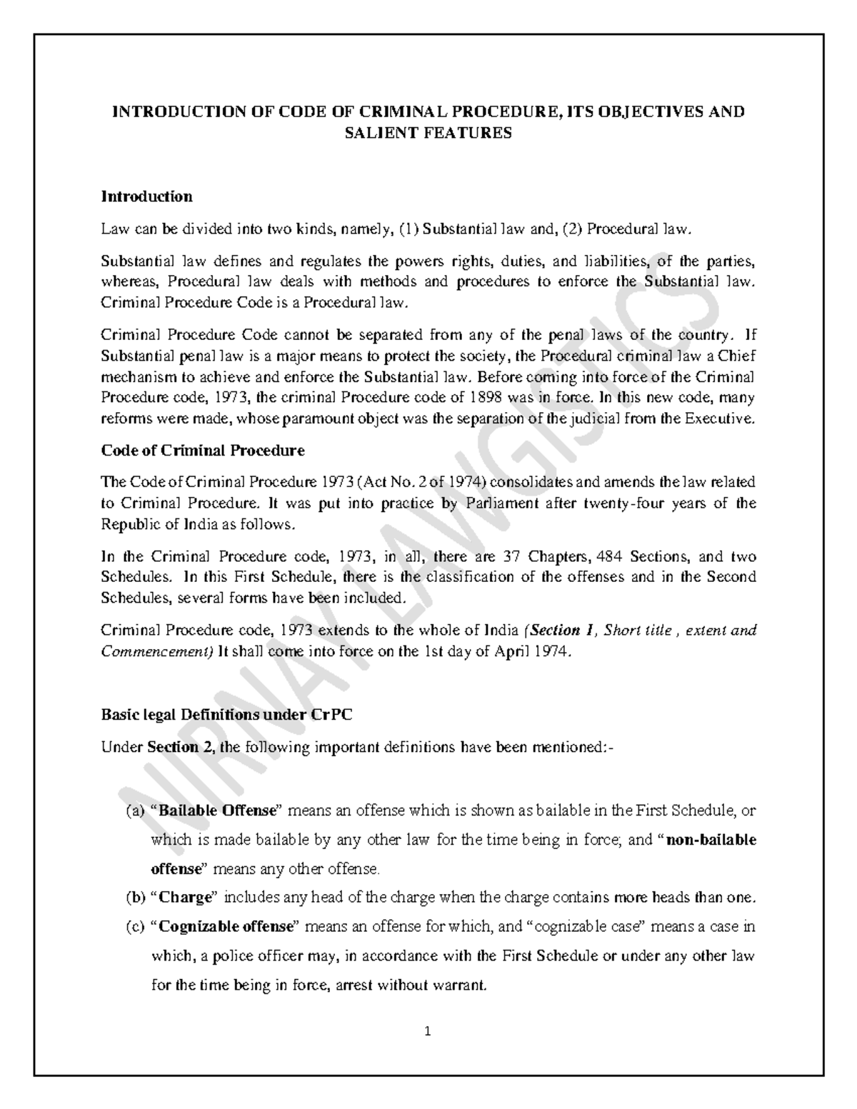 Crpc —nirnay lawgistics—1 - INTRODUCTION OF CODE OF CRIMINAL PROCEDURE, ITS OBJECTIVES AND ...