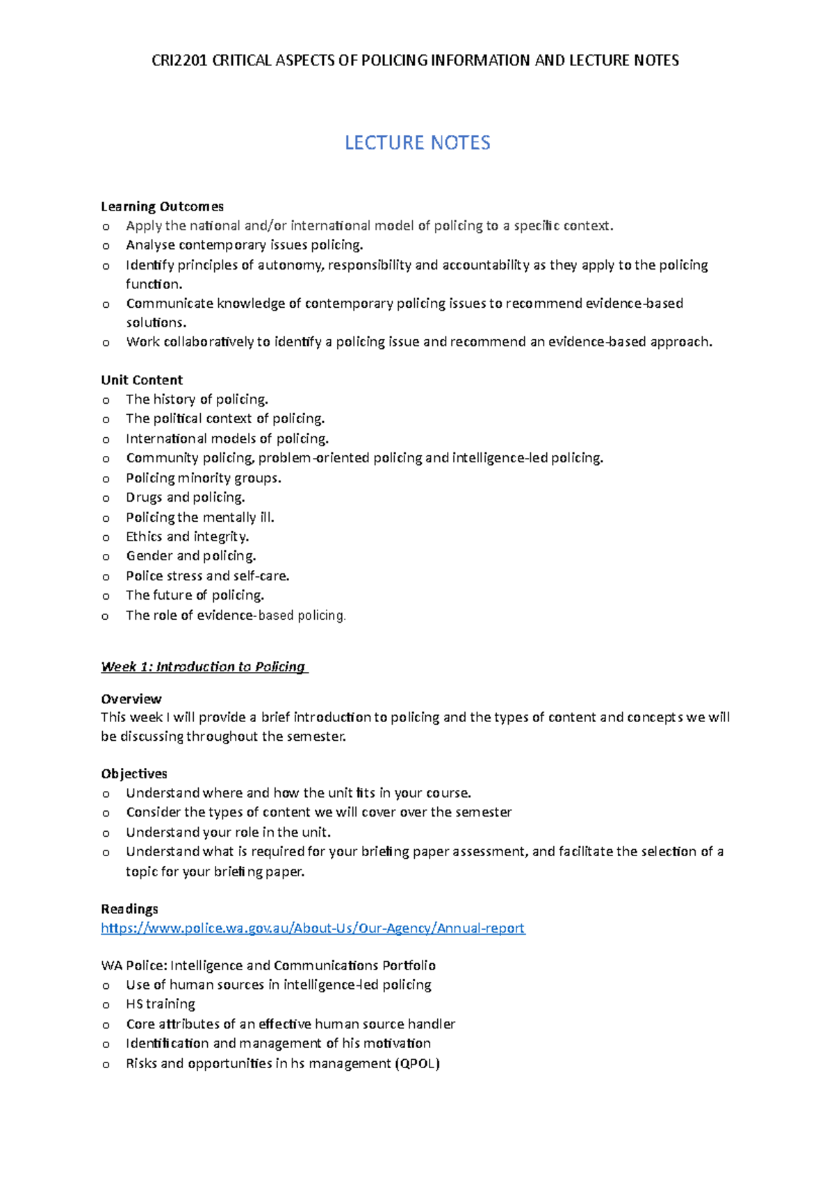 Critical Aspects of Policing Lecture Notes - LECTURE NOTES Learning ...
