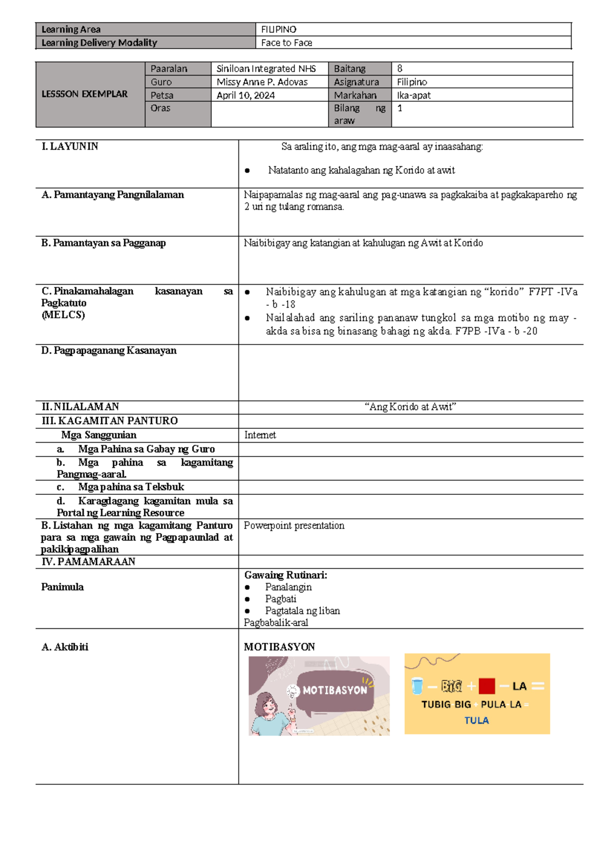 LP- Korido AT AWIT - Learning Area FILIPINO Learning Delivery Modality ...