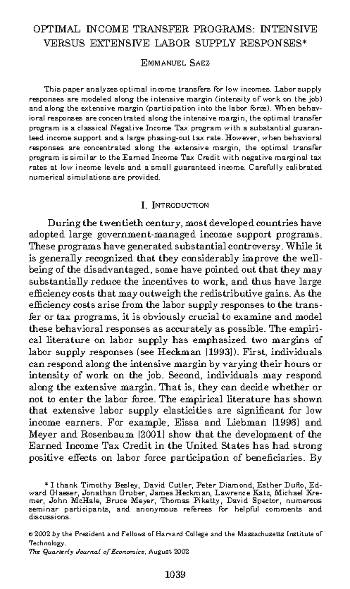 saez practical question - OPTIMAL INCOME TRANSFER PROGRAMS: INTENSIVE ...