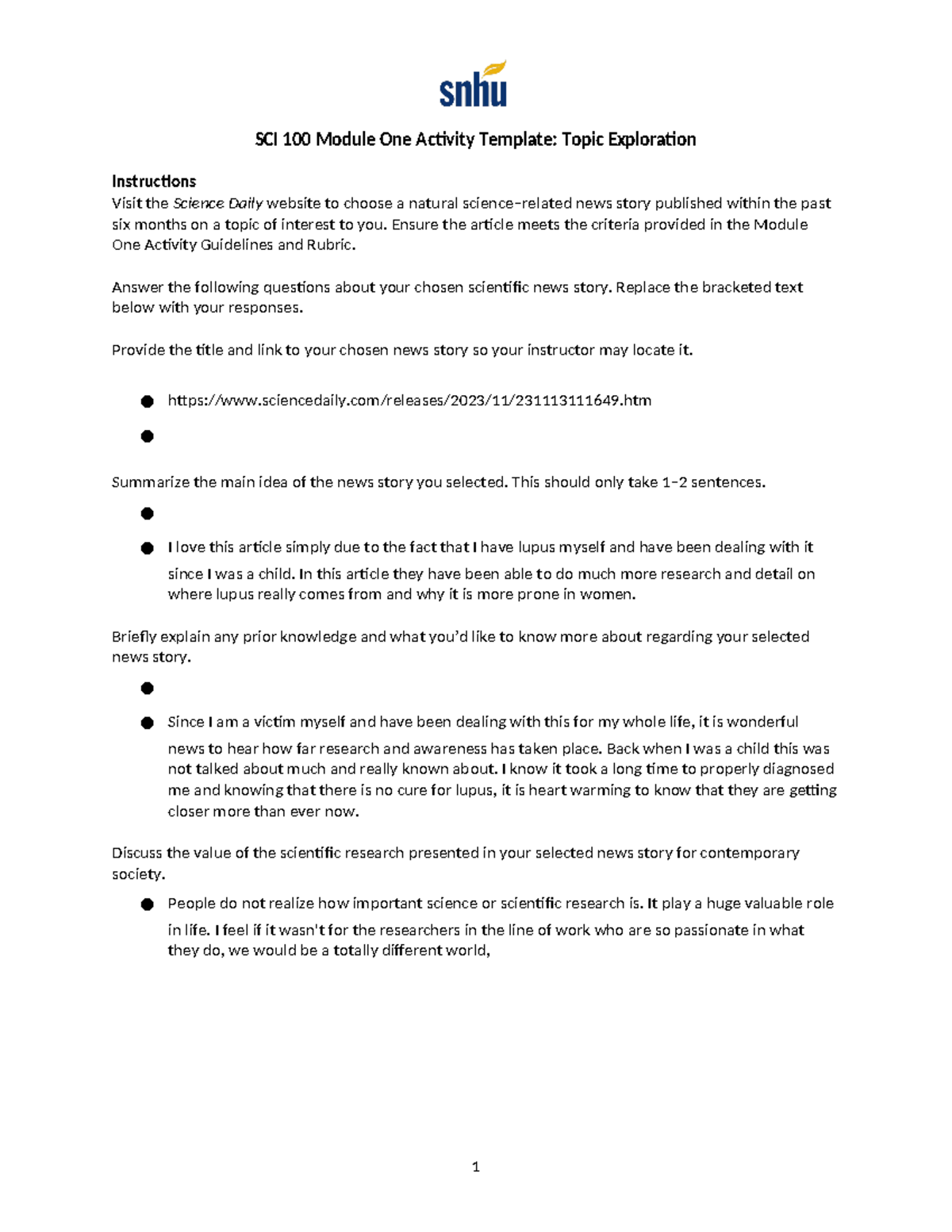 SCI 100 Module One Activity Template - Ensure the article meets the ...