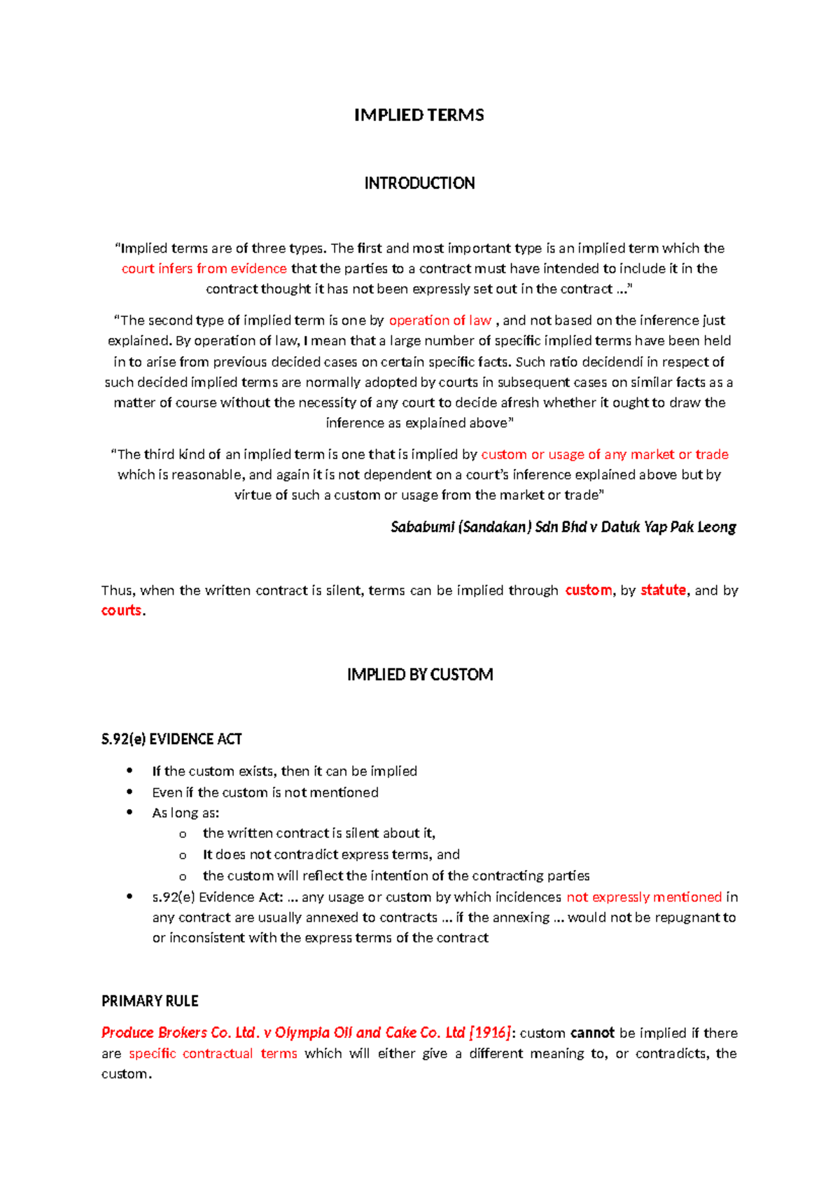 Implied Terms - IMPLIED TERMS INTRODUCTION “Implied terms are of three types. The first and most ...