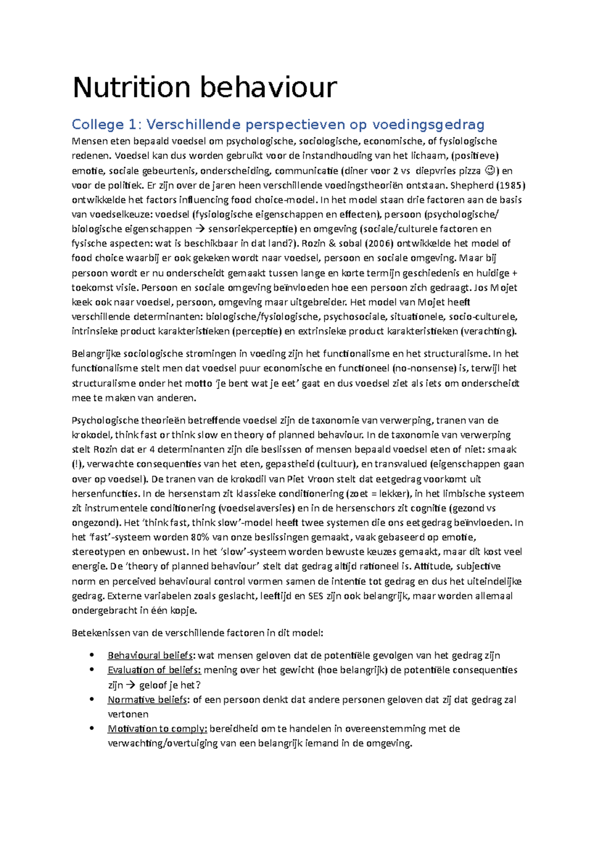 Nutrition behaviour, college aantekeningen - Nutrition behaviour ...