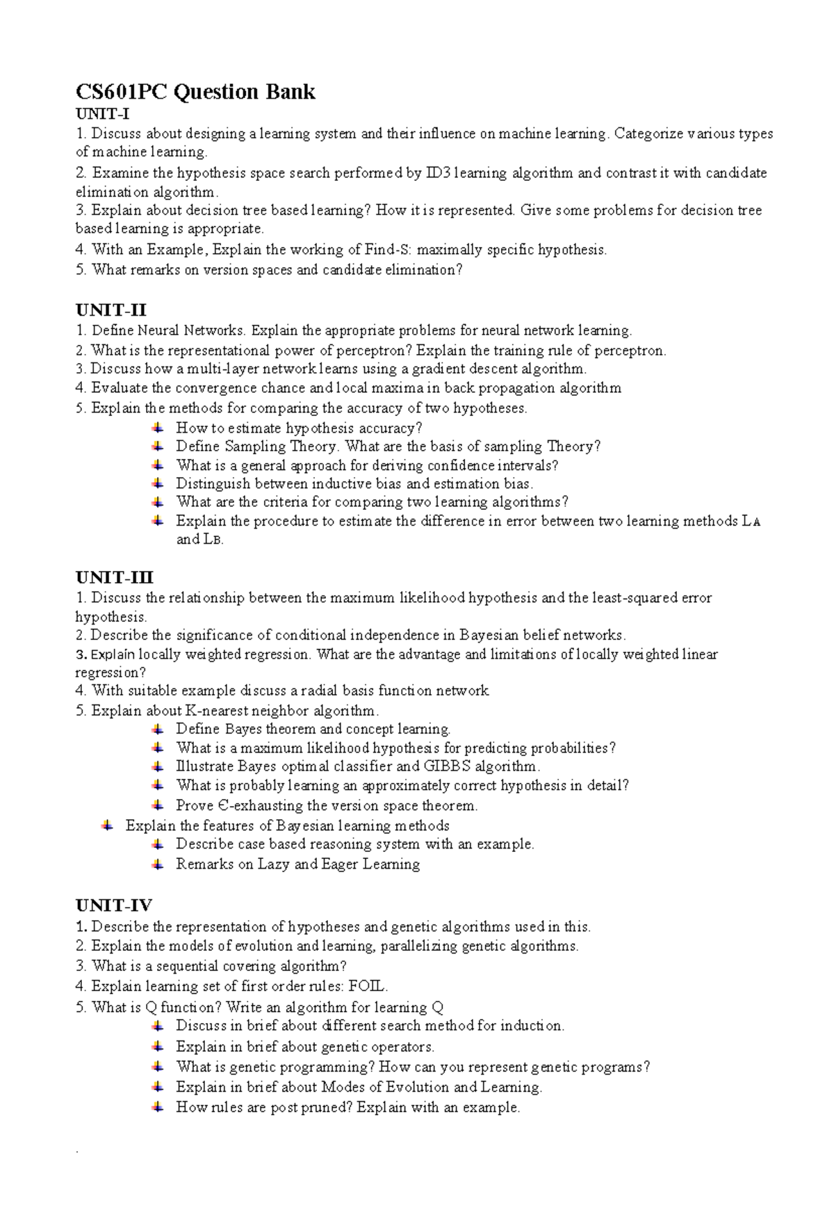 ML Important questions - CS601PC Question Bank UNIT-I 1. Discuss about ...