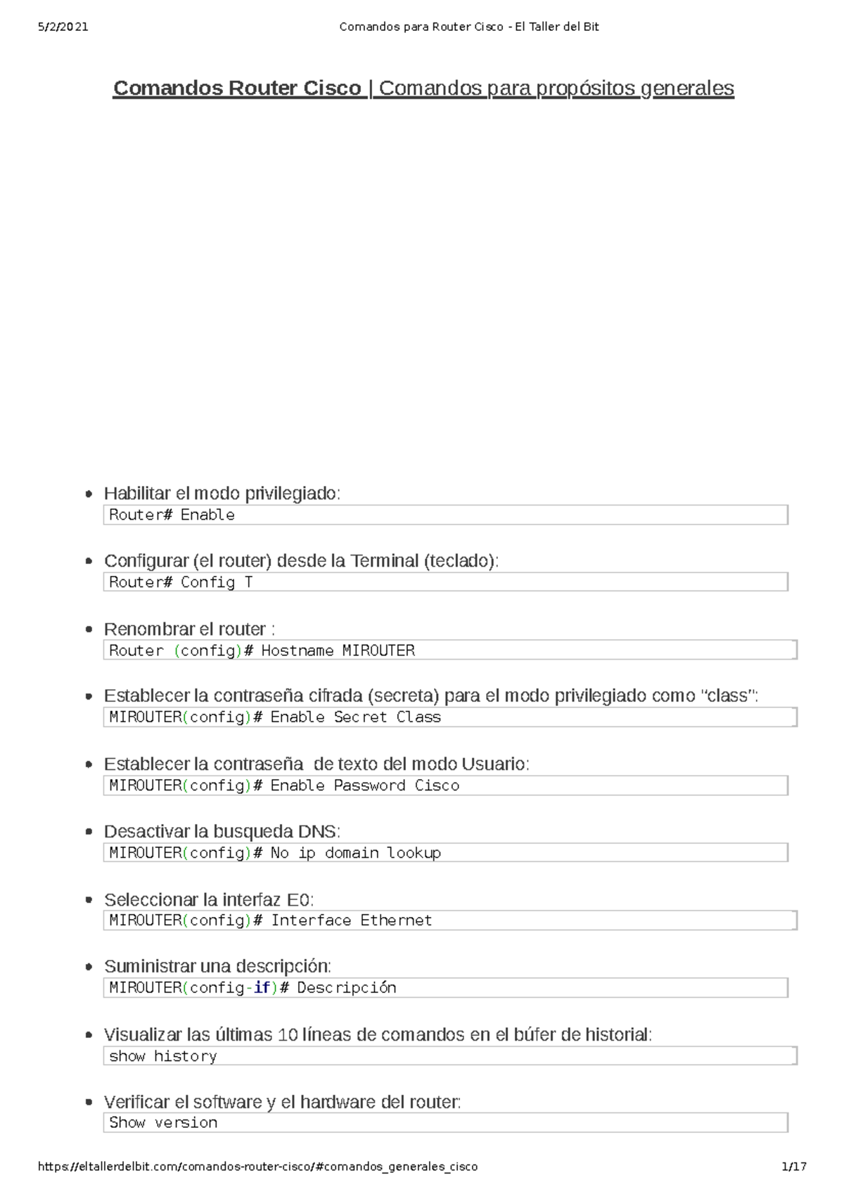 Comandos para Router Cisco - El Taller del Bit - Comandos Router Cisco ...