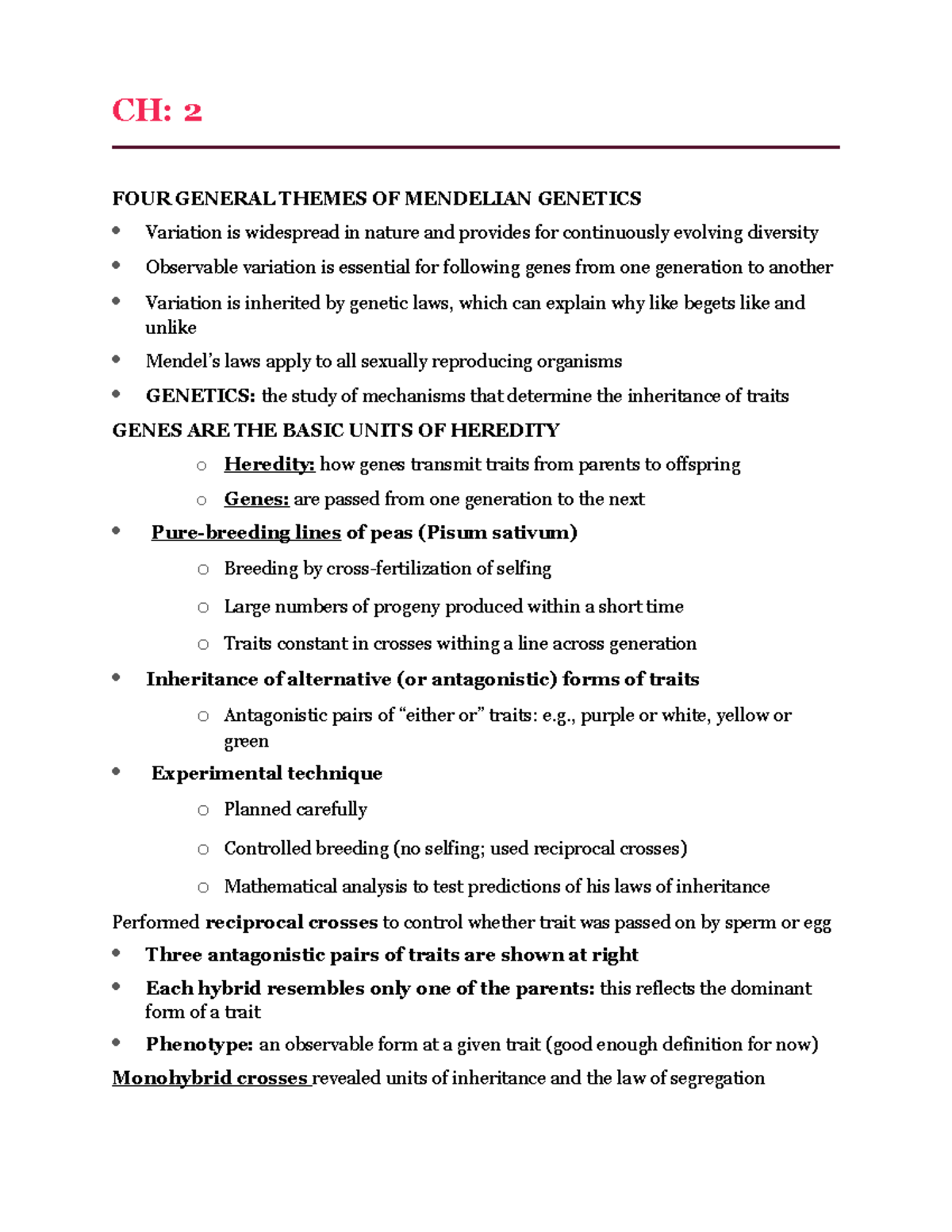 CH 2 Gentic Notes - CH: 2 FOUR GENERAL THEMES OF MENDELIAN GENETICS ...