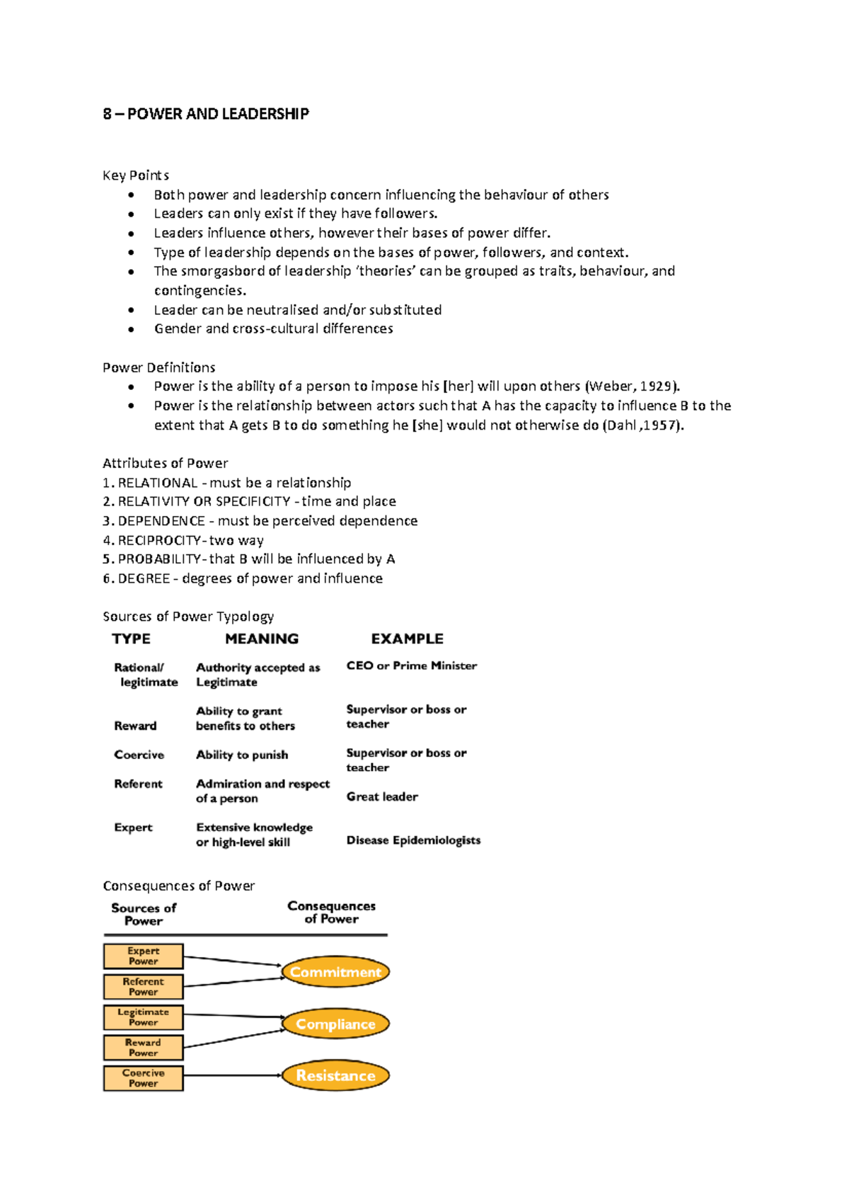 MNGT1001 8 - power and leadership - 8 – POWER AND LEADERSHIP Key Points ...