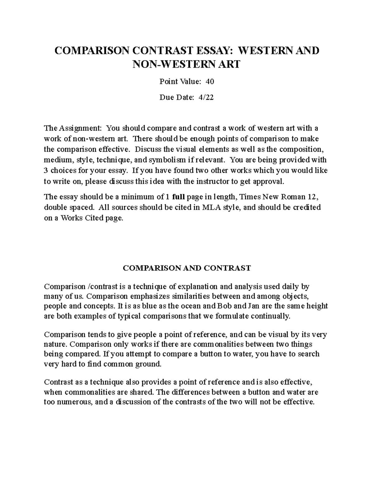 Spring 2021 HUM 101 Comparison Contrast Western Non-Western Essay ...