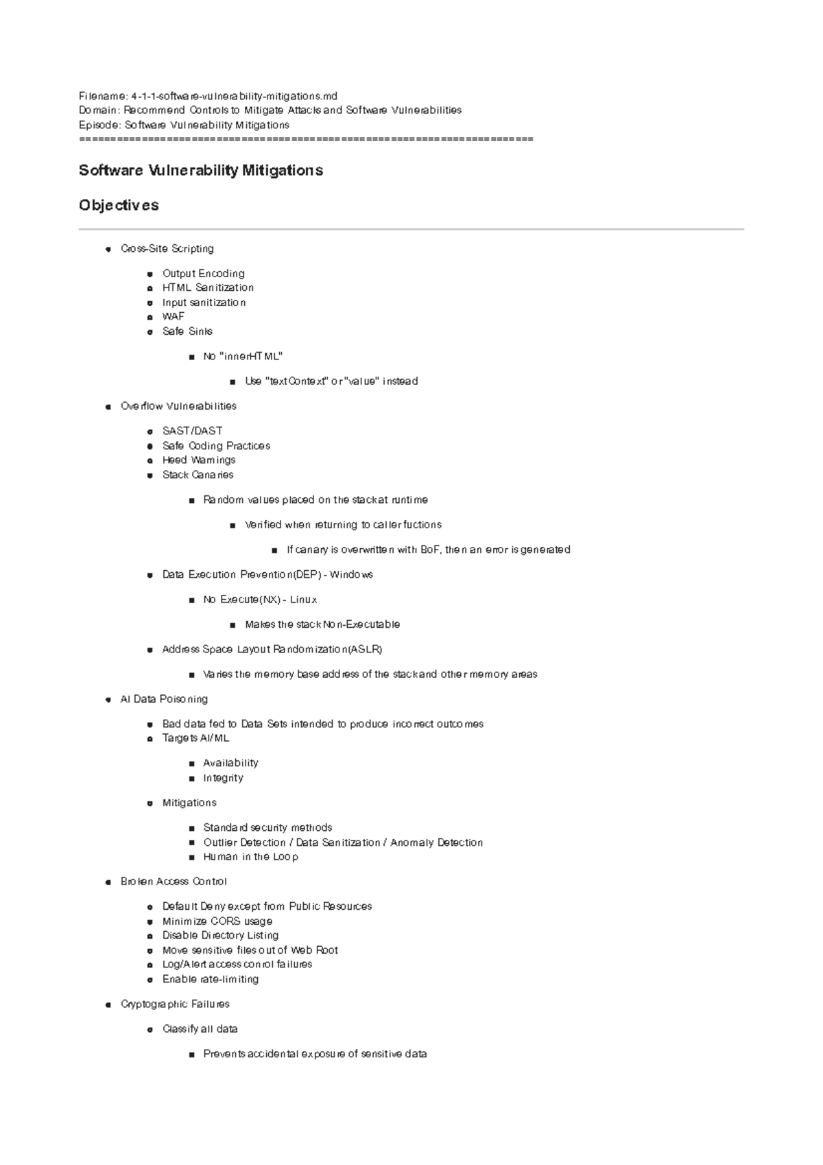 Cysa 1c 4 1 1 software vulnerability mitigations - Filename: - Studocu