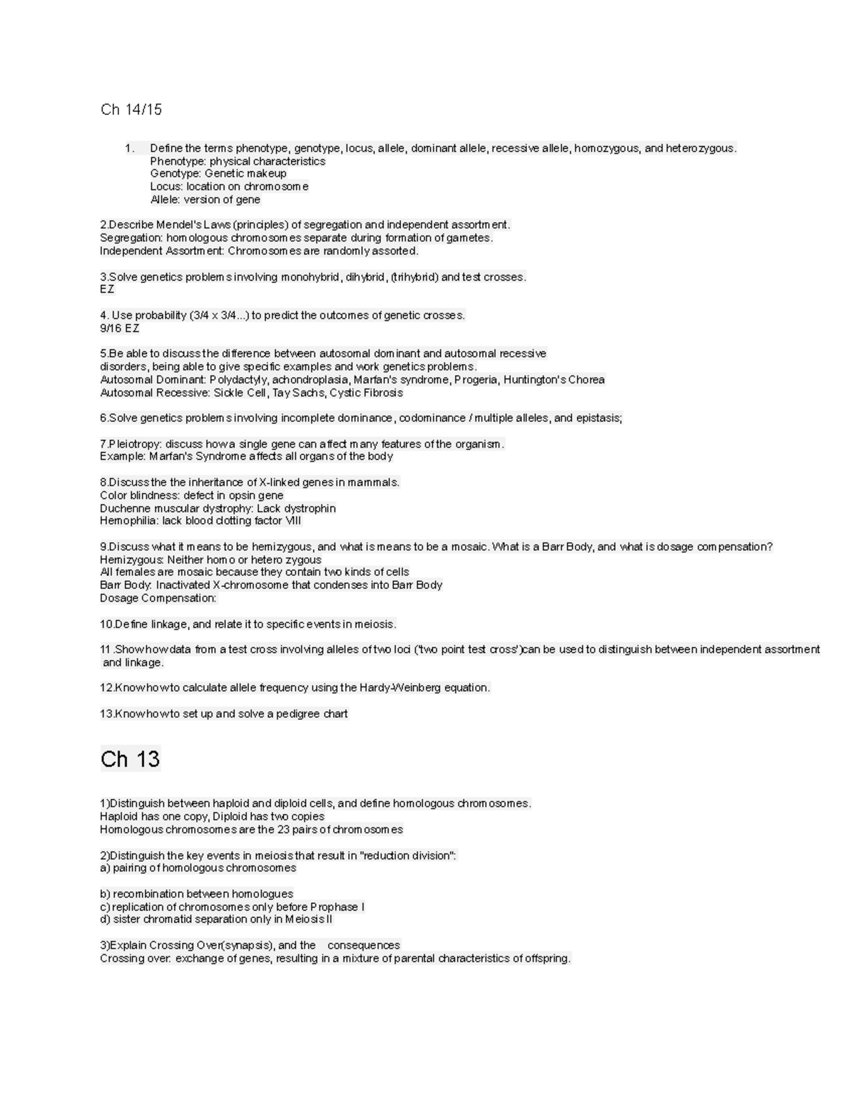Bio 101 Exam 3 study guide - Ch 14/ Define the terms phenotype ...