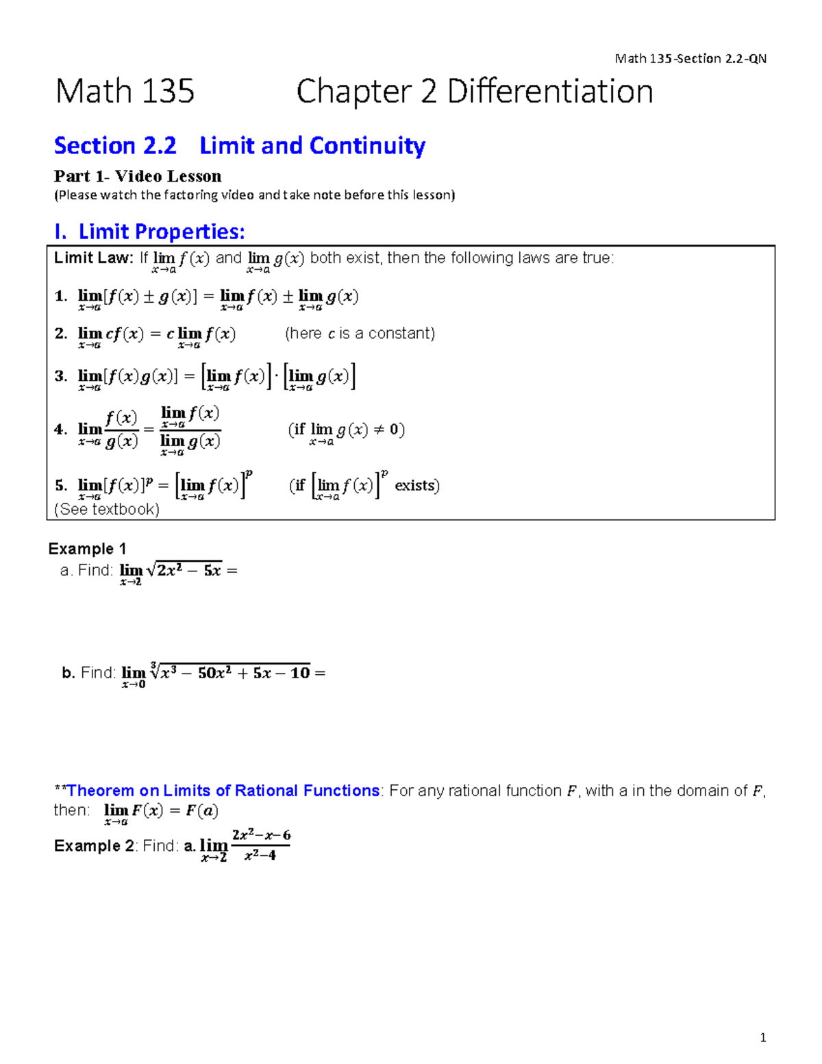 Math 135 Section 2.2 Limit and Continuity - Math 135 Chapter 2 Differentiation Section 2 Limit ...