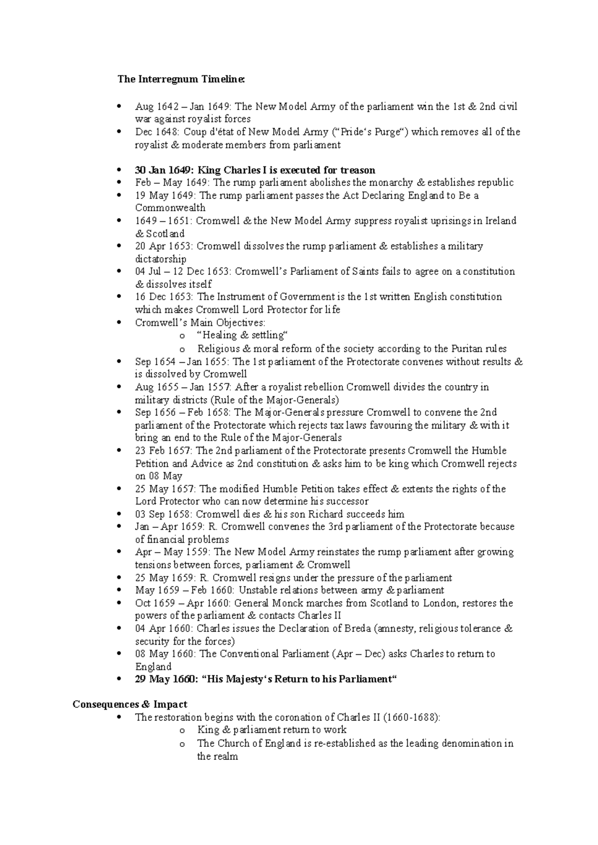 The Interregnum Timeline - Cromwell convenes the 3rd parliament of the ...