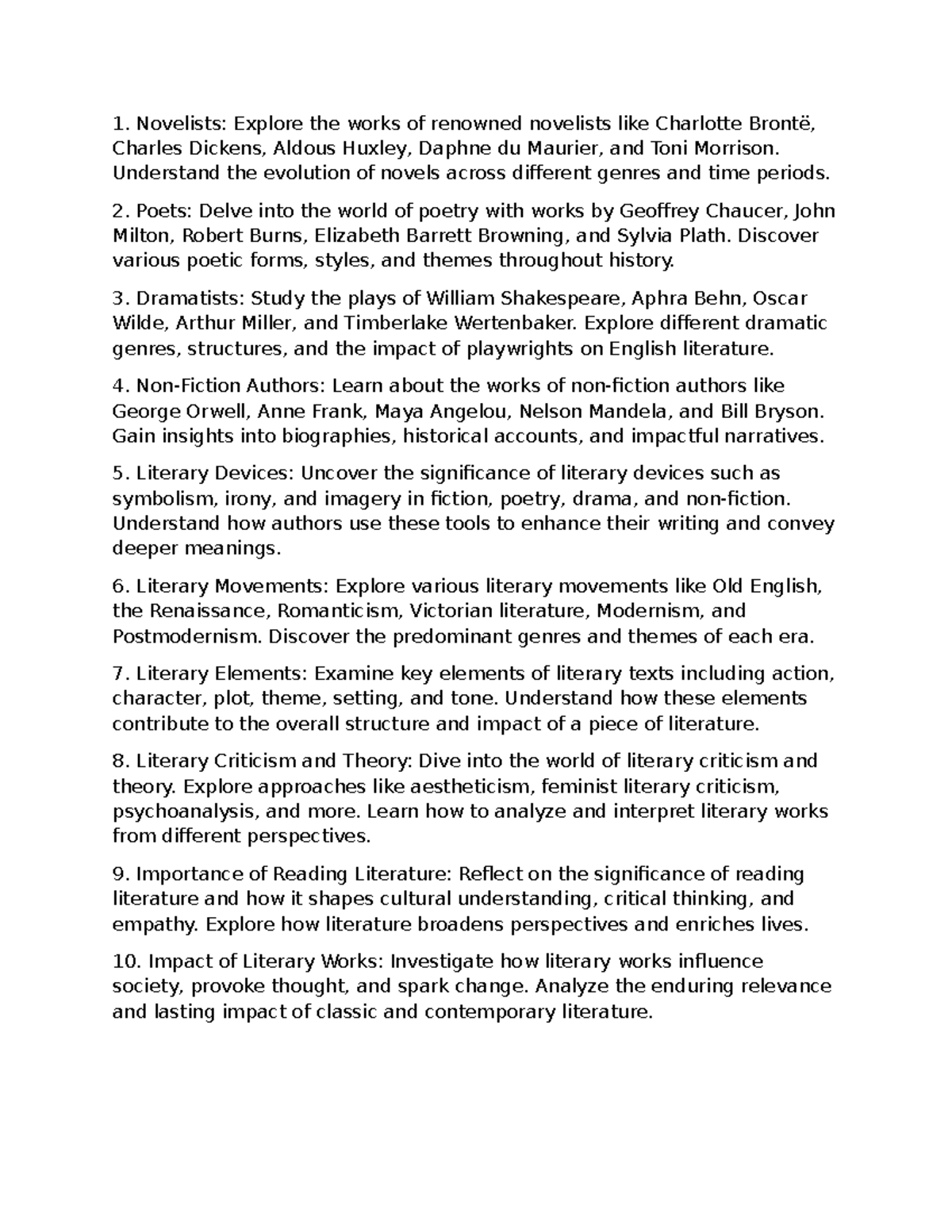 Document 30 - Literature notes. - Novelists: Explore the works of ...