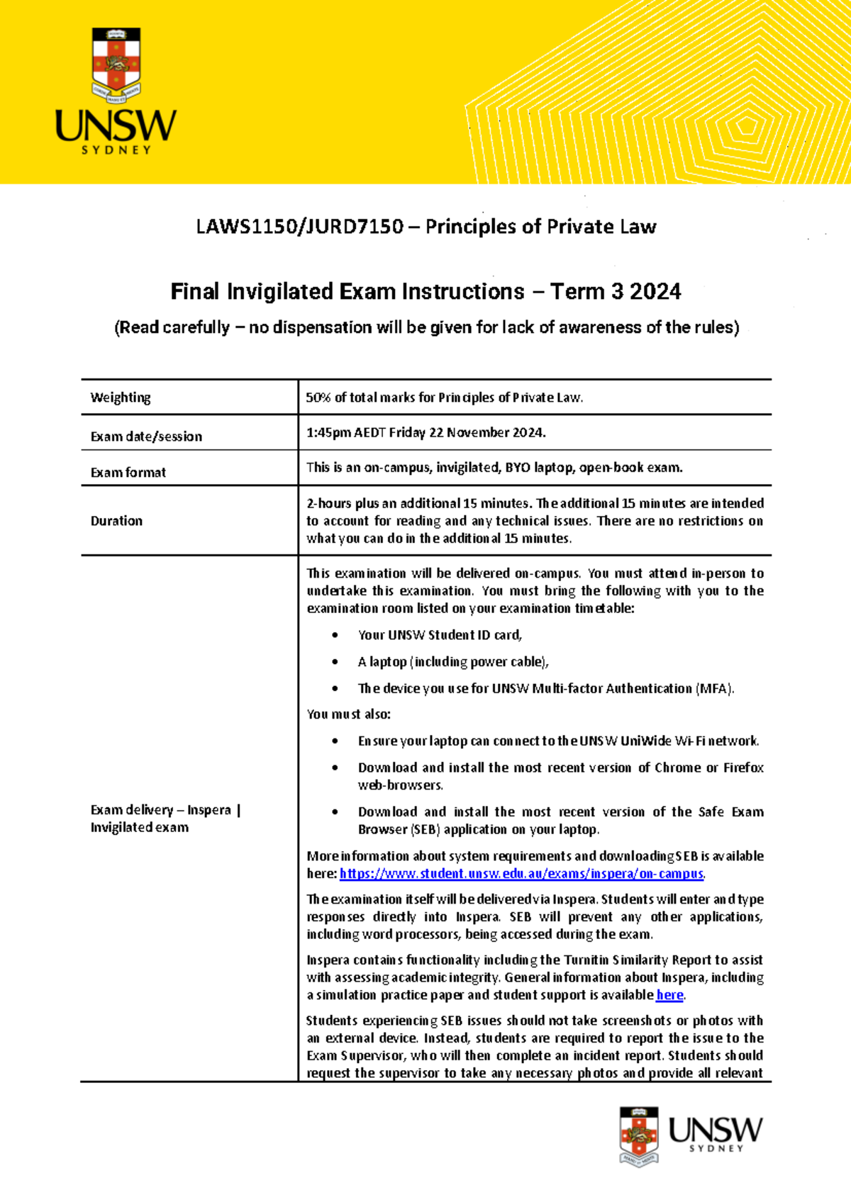 2024 T3 Final Exam Instructions - LAWS 1150 /JURD 7150 – Principles of Private Law Final ...