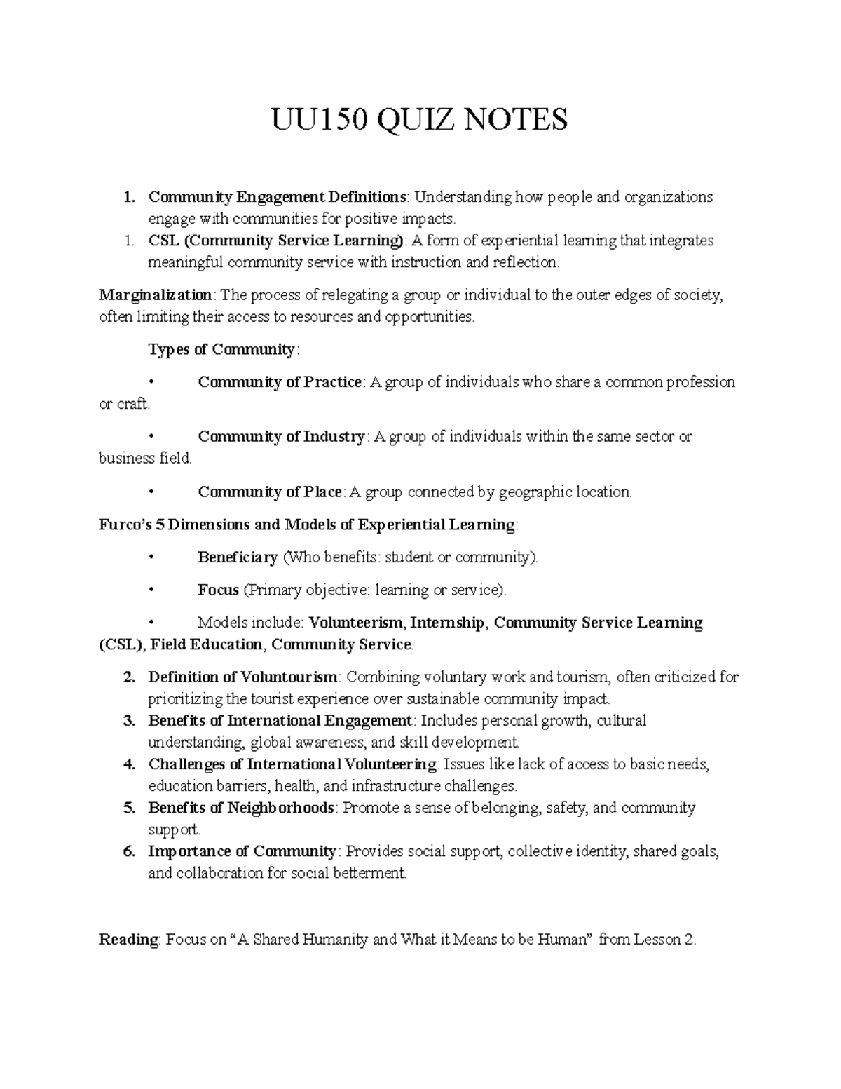 UU150 QUIZ Notes - UU150 QUIZ NOTES Community Engagement Definitions ...