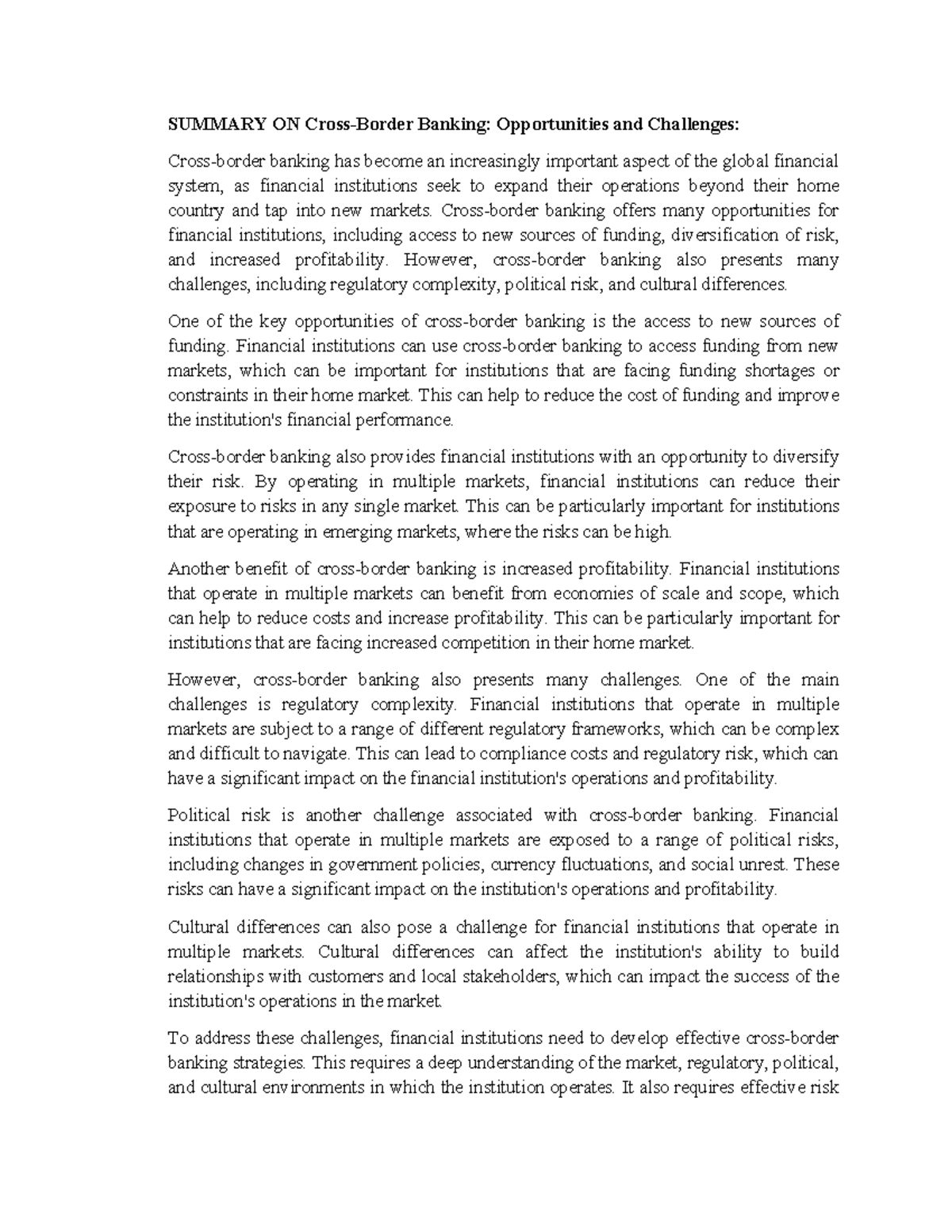 Summary on Cross Border Banking Opportunities and Challenges - SUMMARY ...