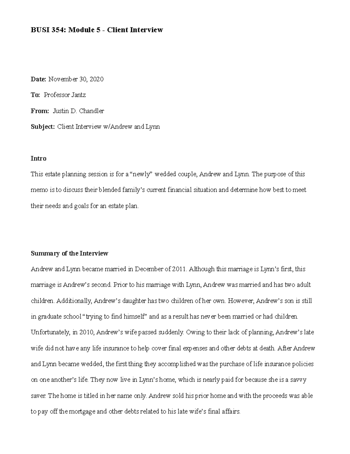 Client Interview Memo - BUSI 354: Module 5 - Client Interview Date ...