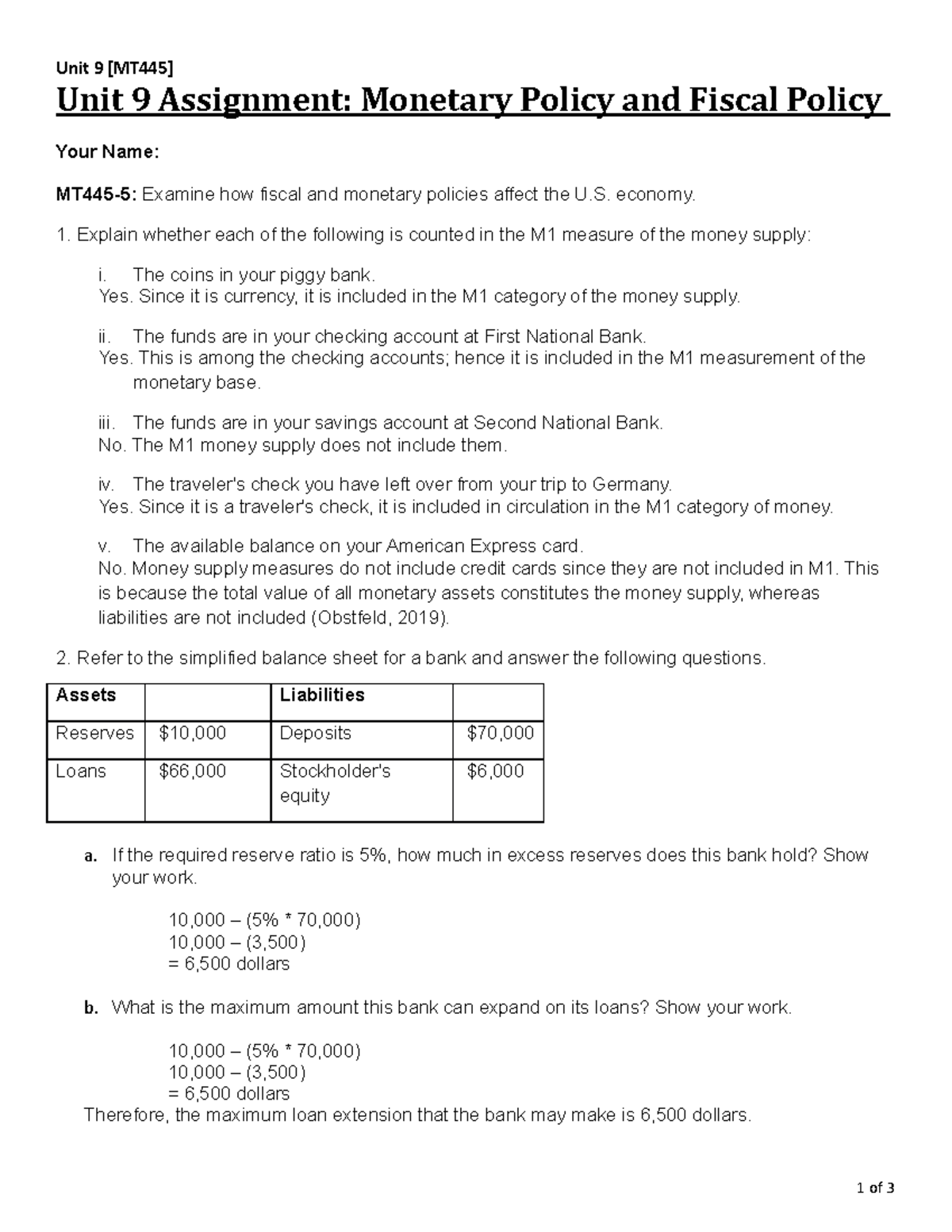 MT445 Unit9 Assignment - Unit 9 Assignment: Monetary Policy and Fiscal ...