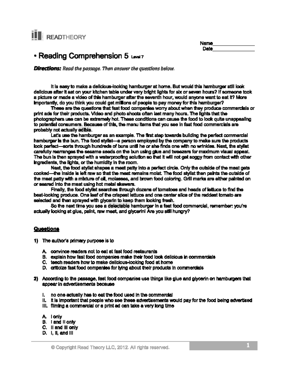Ad - Practice - READTHEORY Name Date Reading Comprehension 5 Level 7 Directions: Read the ...