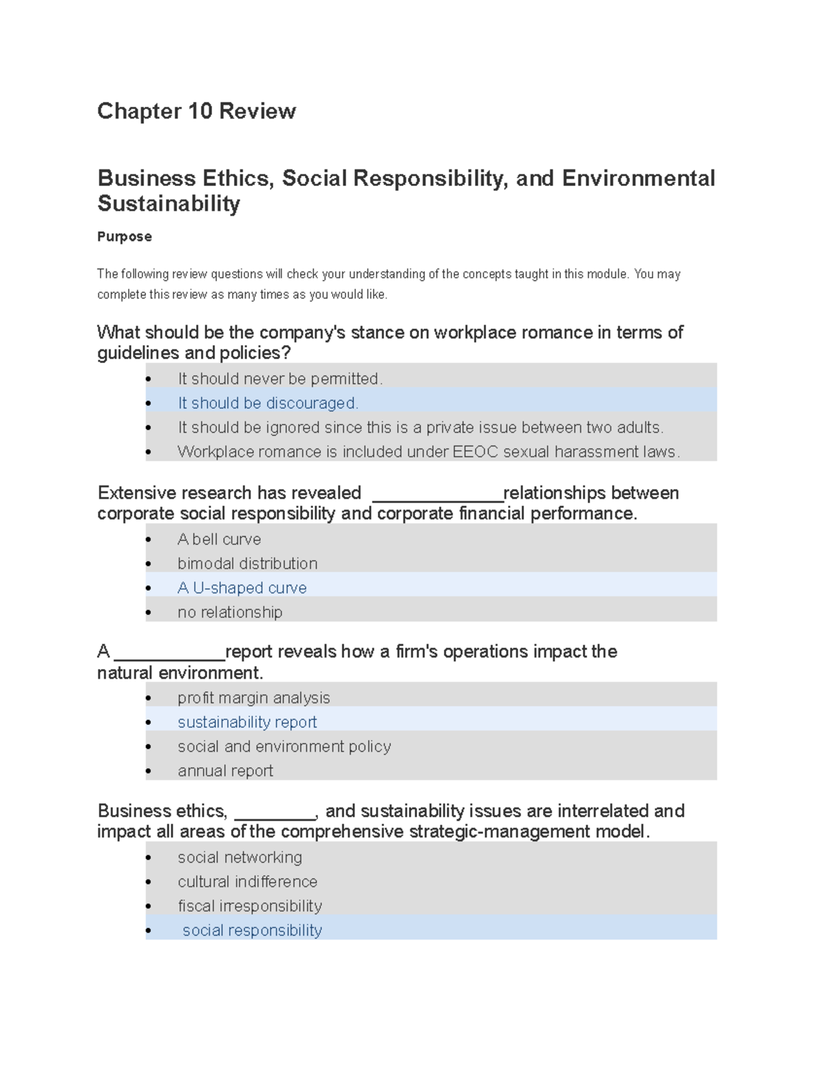 Chapter 10 Review plus essay - Chapter 10 Review Business Ethics ...