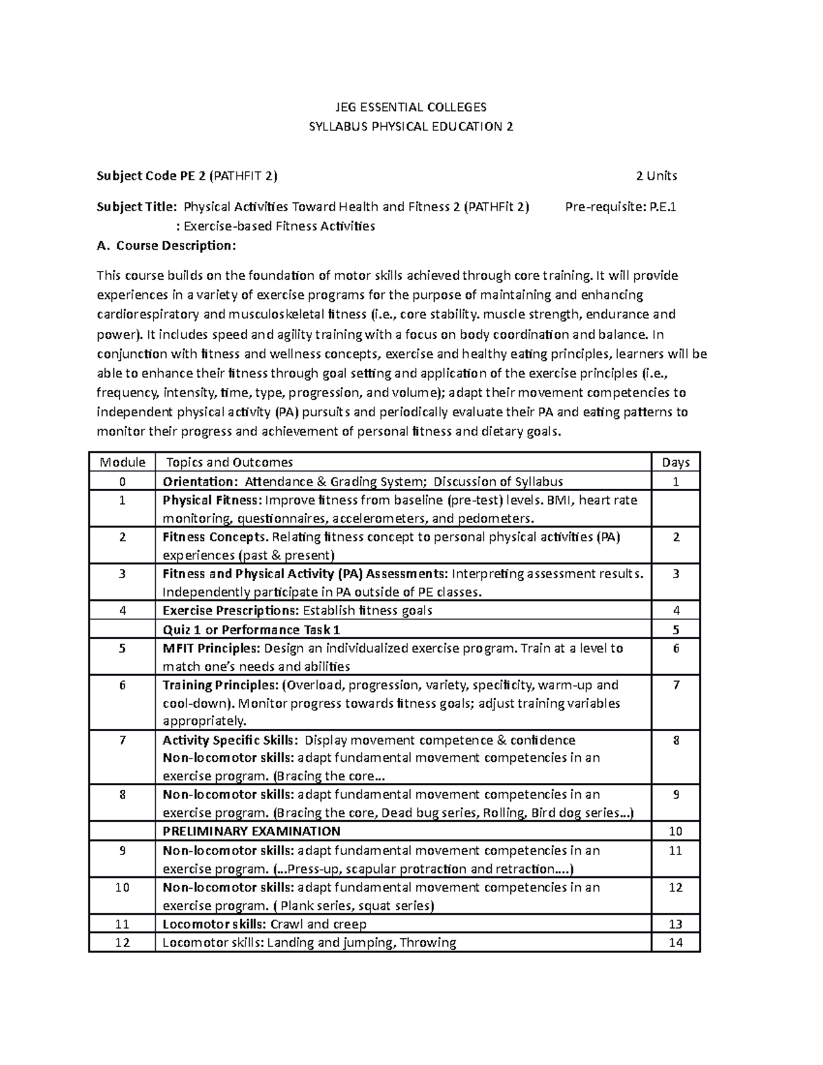 PE 2 Syllabus - EDUCATION - JEG ESSENTIAL COLLEGES SYLLABUS PHYSICAL ...