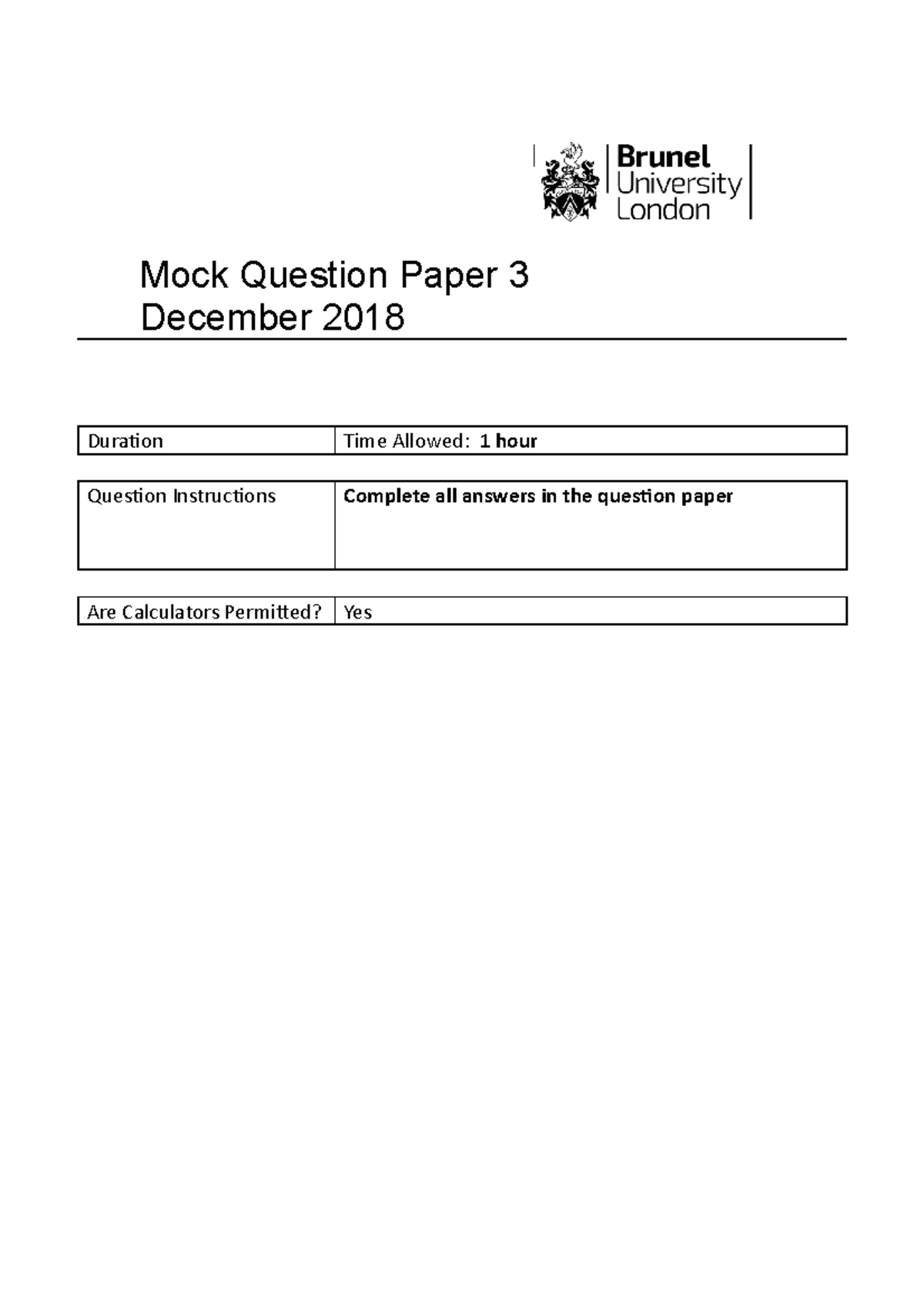 Mock Paper 3 Questions- December 2018 - Mock Question Paper 3 December ...