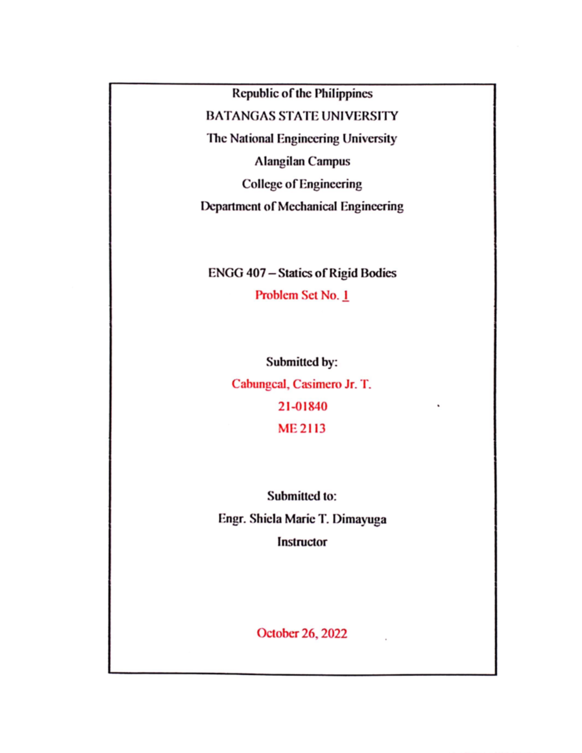 PSET-Number one - Republic of the Philippines BATANGAS STATE UNIVERSITY ...
